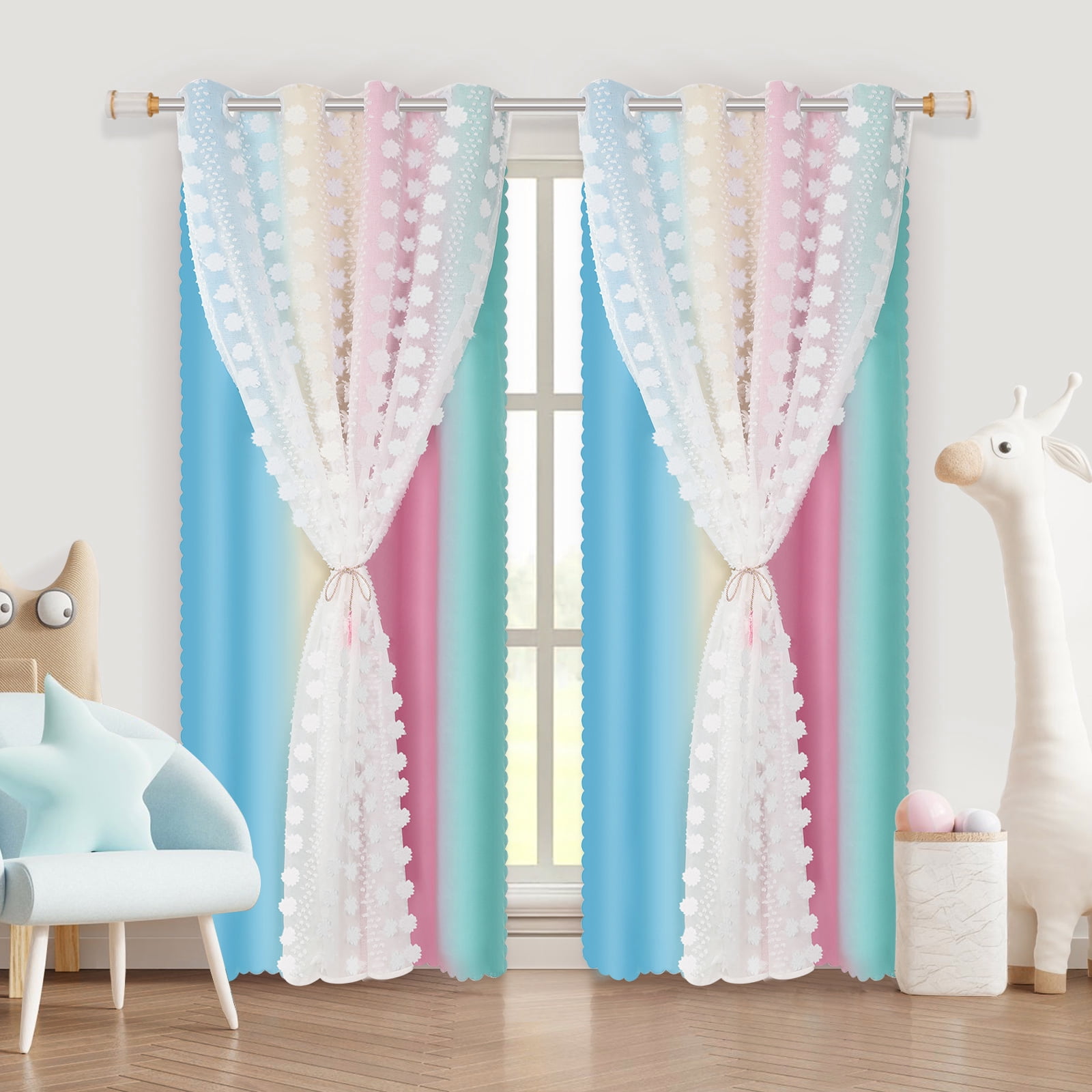Lapalife Pompom Kids Blackout Curtains for Bedroom, Double-Layer Ombre ...