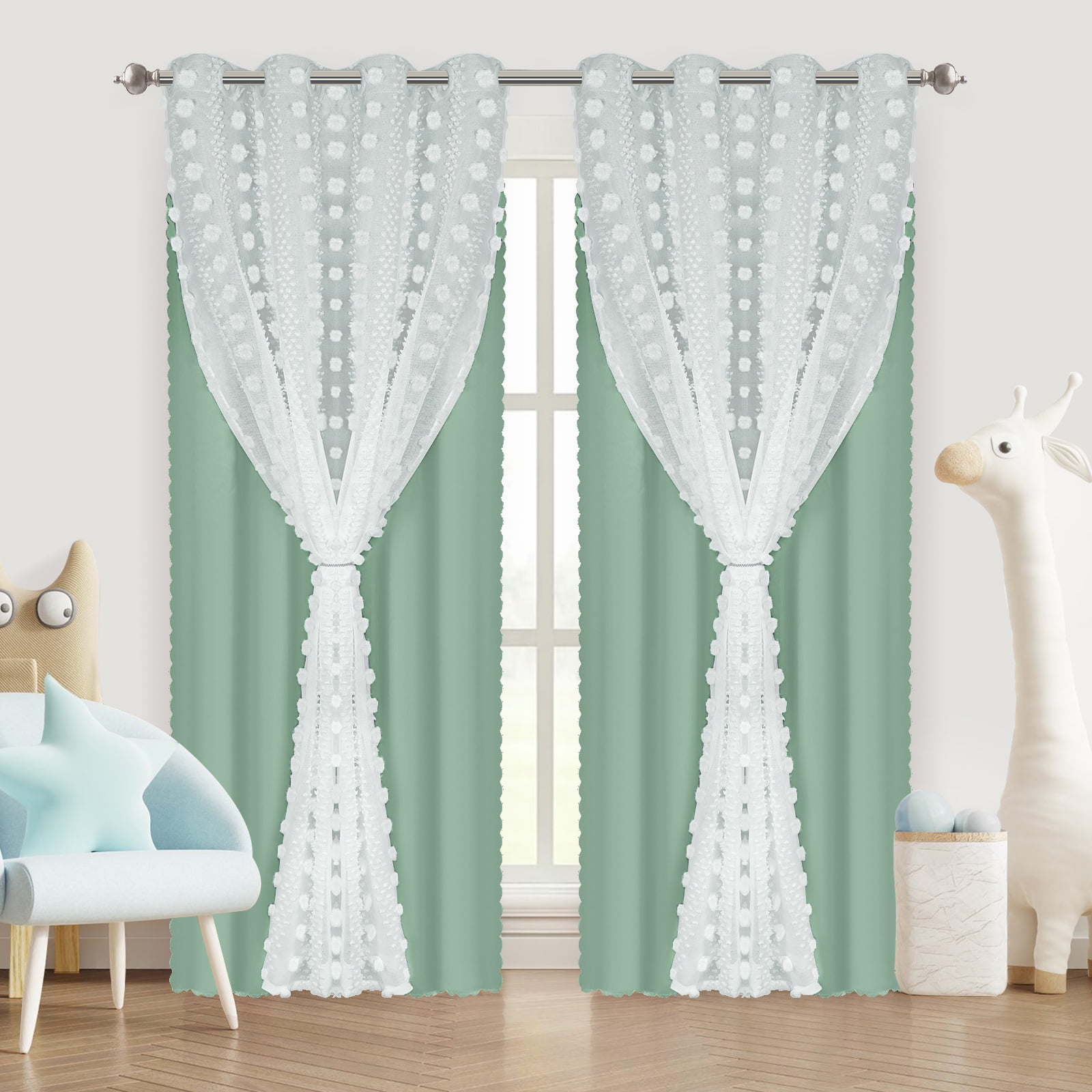 Lapalife Pompom Kids Blackout Curtains for Bedroom, Double-Layer Ombre ...