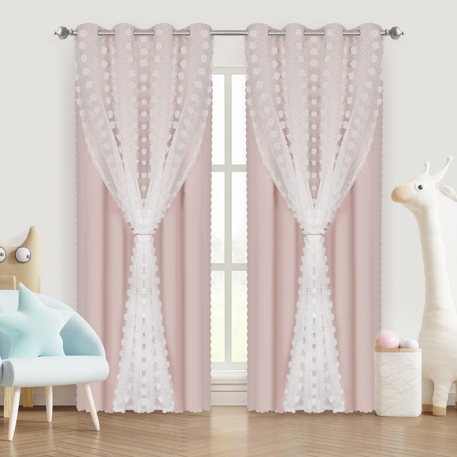 Lapalife Pompom Blackout Curtain for Kids Girls Bedroom Double-Layer ...