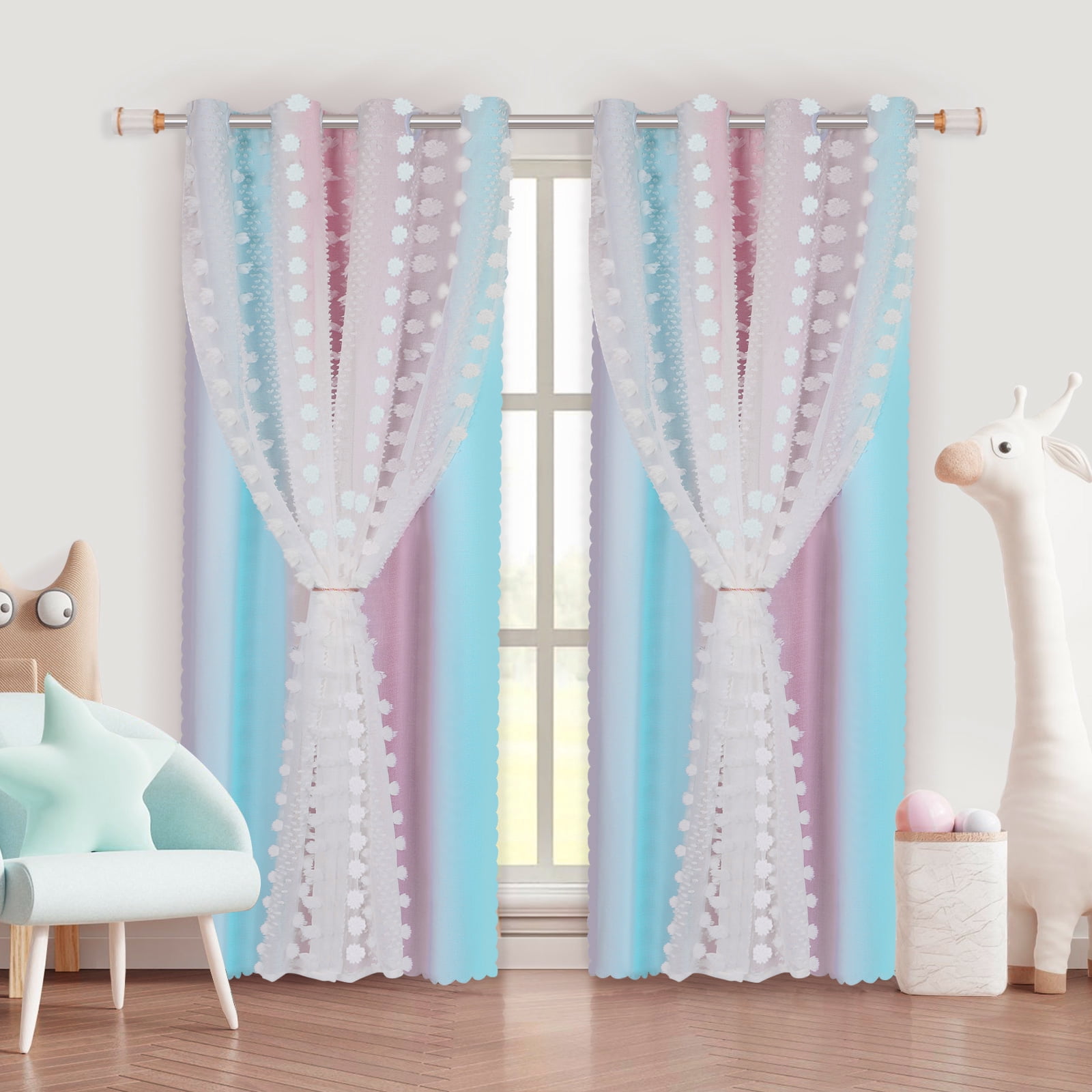 Lapalife Pompom Kids Blackout Curtains for Bedroom, Double-Layer Ombre ...