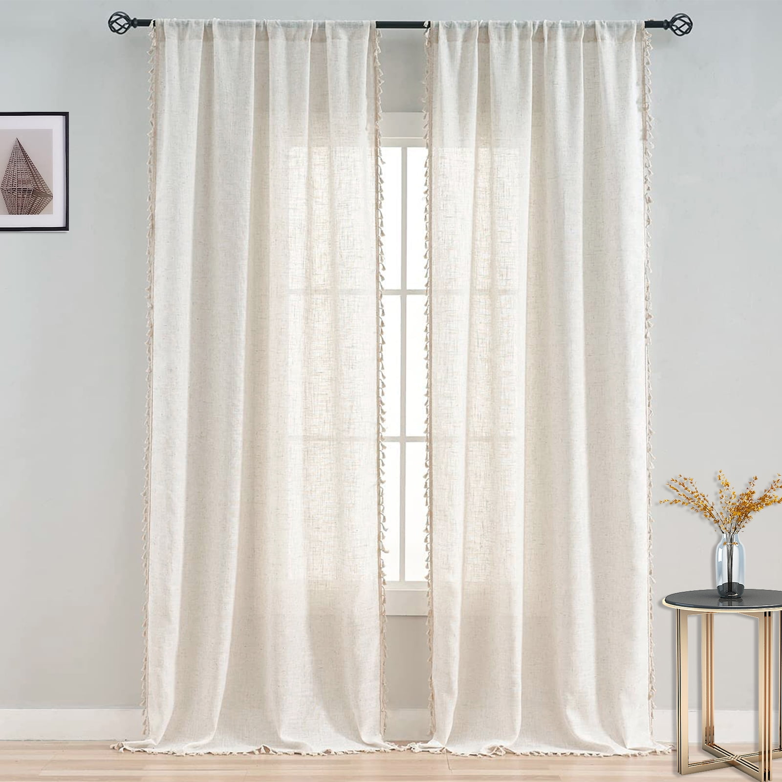 Lapalife Tassel Sheer Curtain Rod Pocket Boho Farmhouse Linen Window ...
