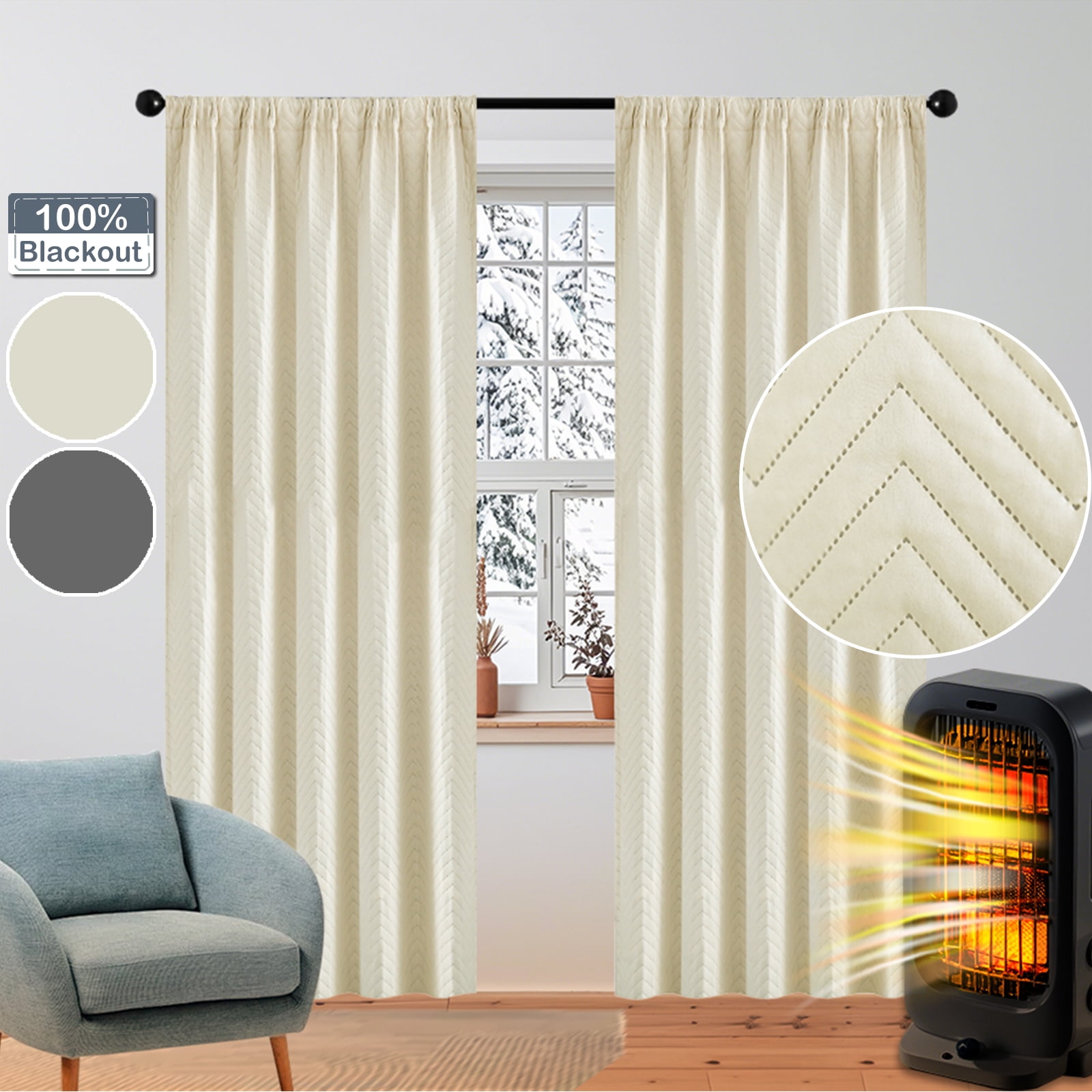 Lapalife Thermal Insulated Winter Curtain 100% Blackout Quilted Heavy ...