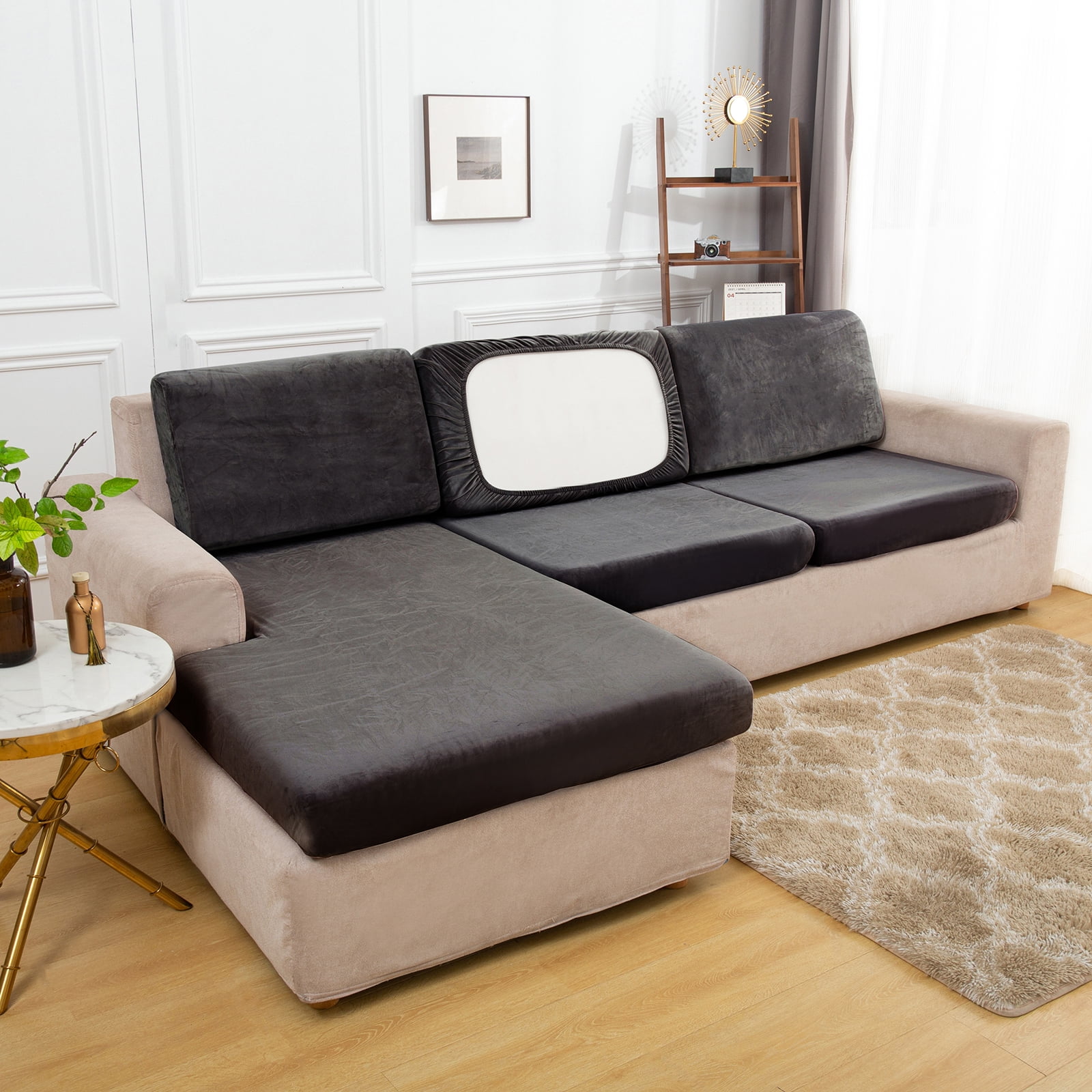 Lapalife Velvet Stretch Couch Cushion Cover for L Shape Sectional Sofa ...