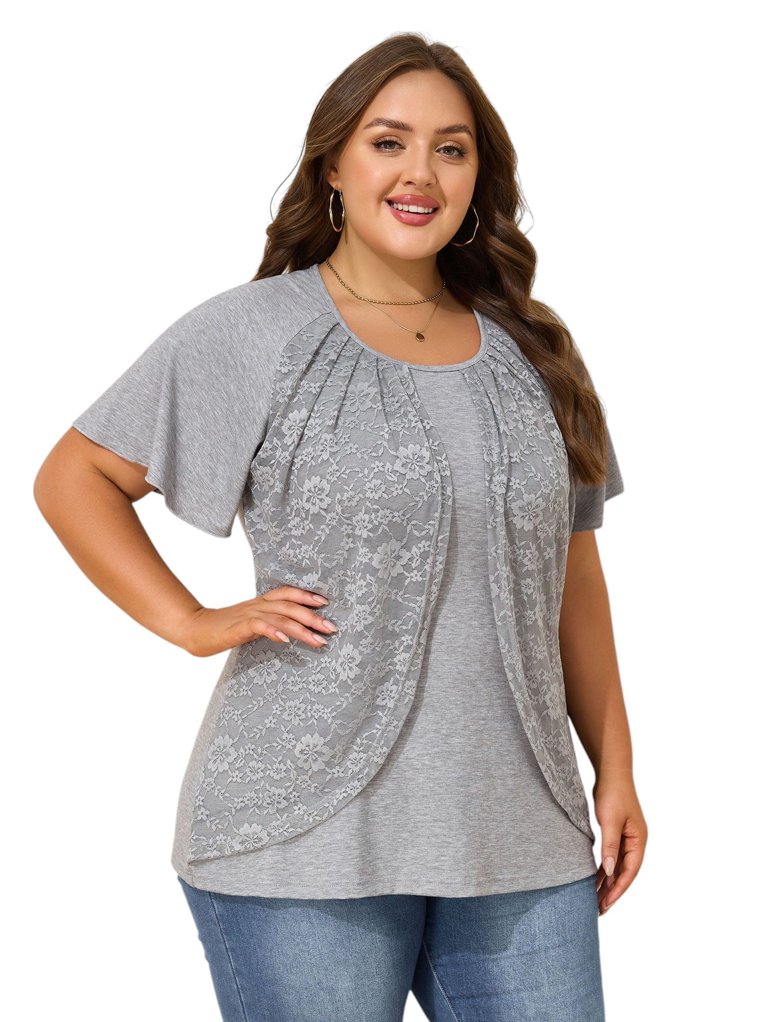 Lapaplus Plus Size Summer Tops for Women Butterfly Sleeve Lace Twofer ...