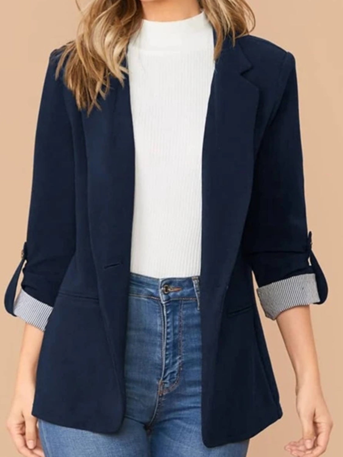 Lapel Collar Roll-Tab Sleeve Blazer - Walmart.com