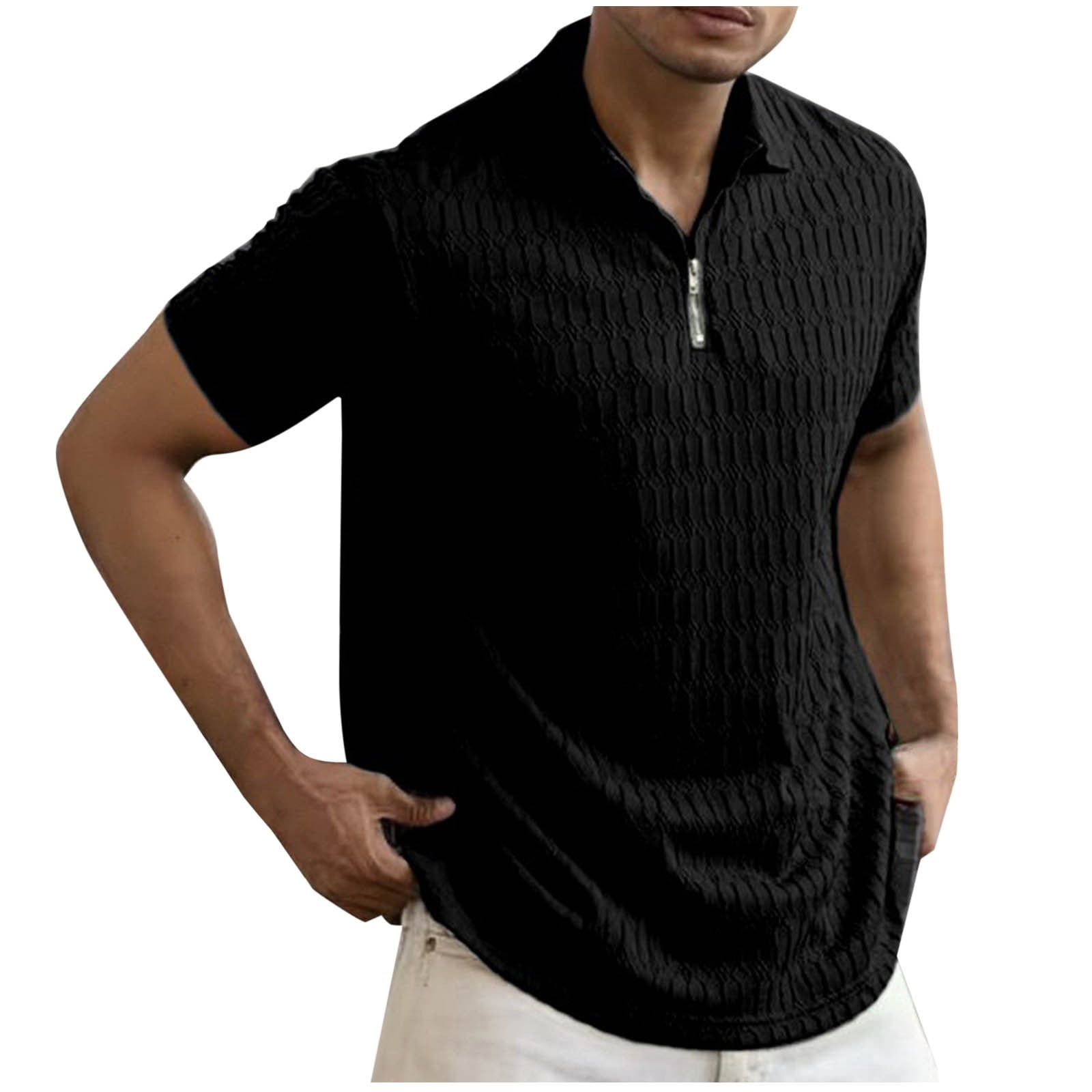 ShomPort Lapel Short Sleeve Shirts Solid Color Texture Tee with Half ...