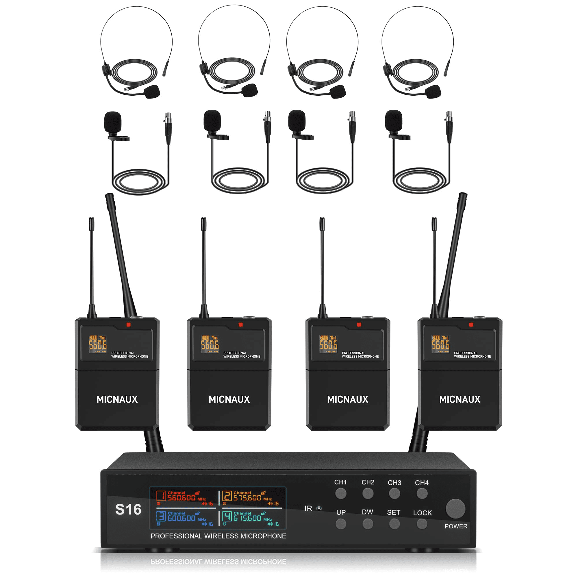 Lapel Wireless Microphone System with Headset & Lavalier Mics, Pro 4 ...