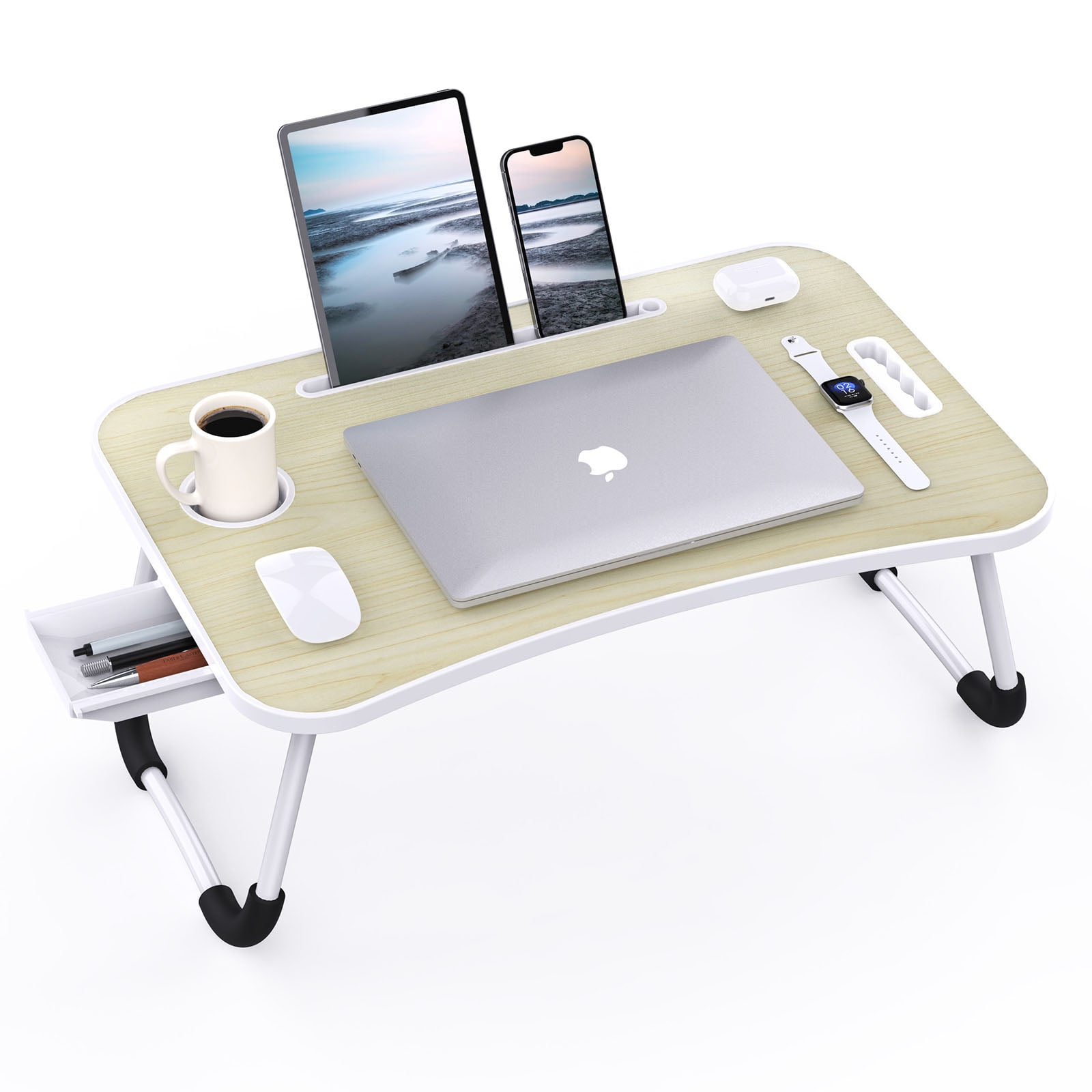 RAINBEAN Laptop Bed Desk Tray, Foldable Lap Desk with Drawer, Cup ...