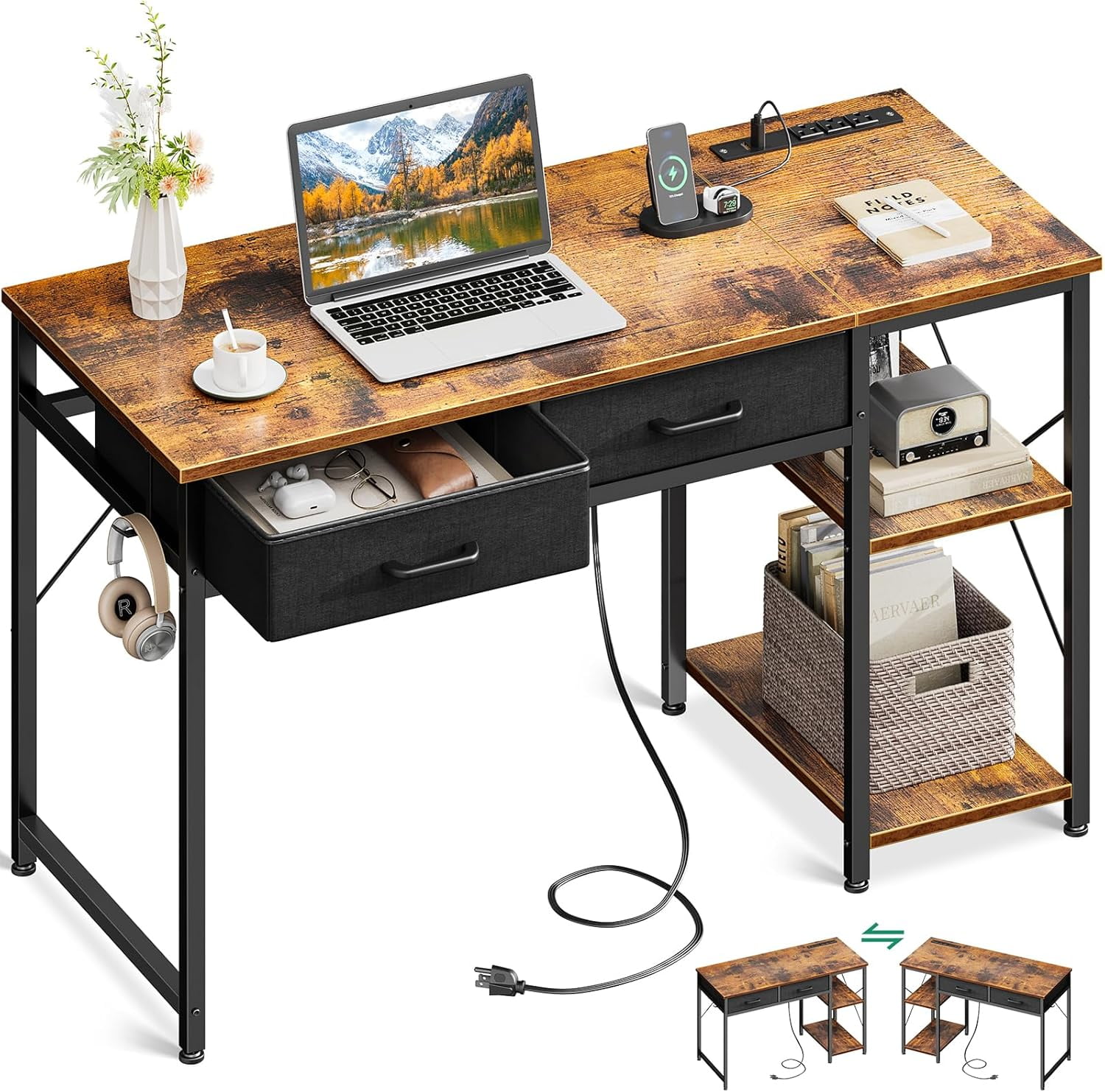 Laptop Desk, 40 Inch Small Desk with Drawers & Power Outlet for Bedroom ...