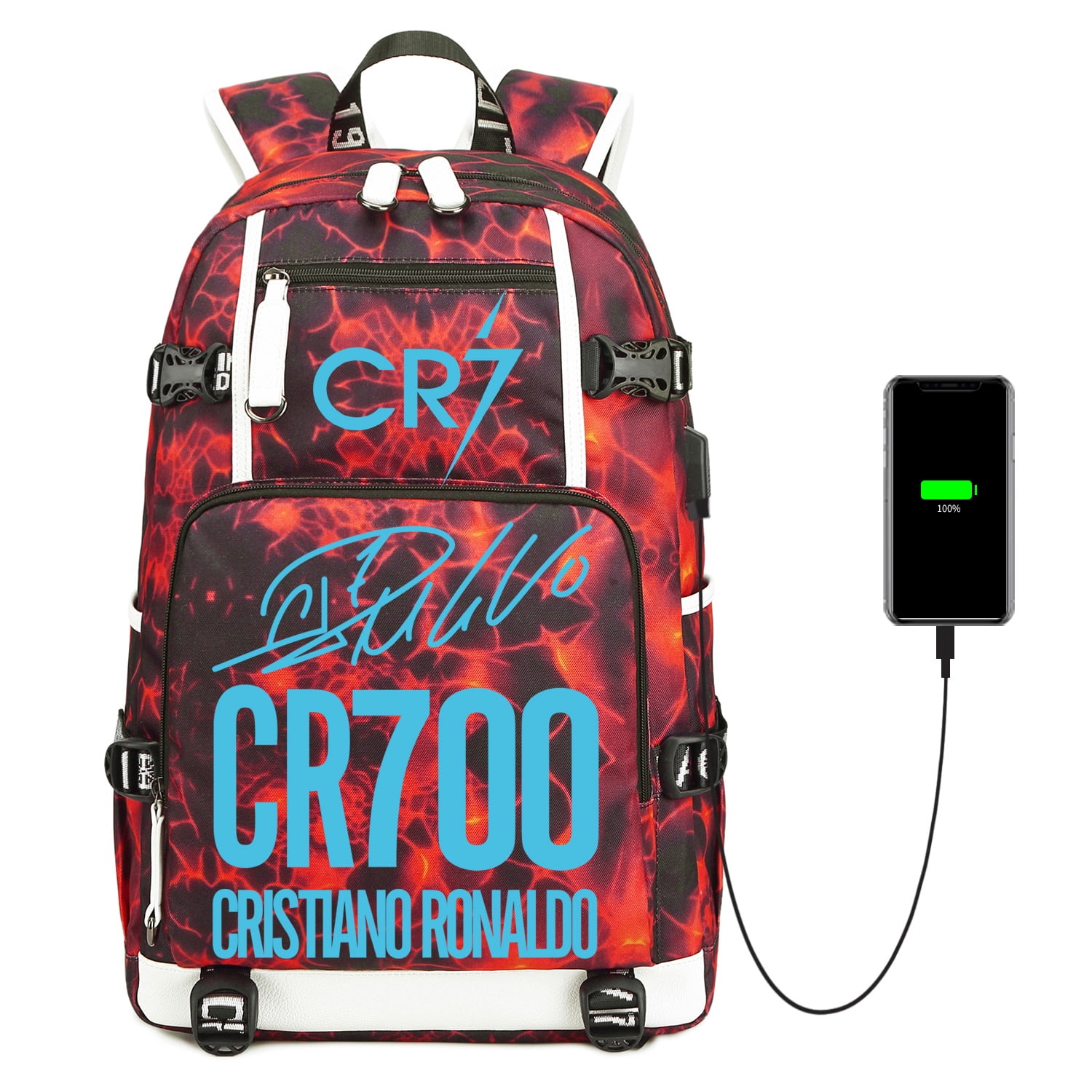 Laptop Fit Backpack USB Charging Cristiano Ronaldo Themed Waterproof ...