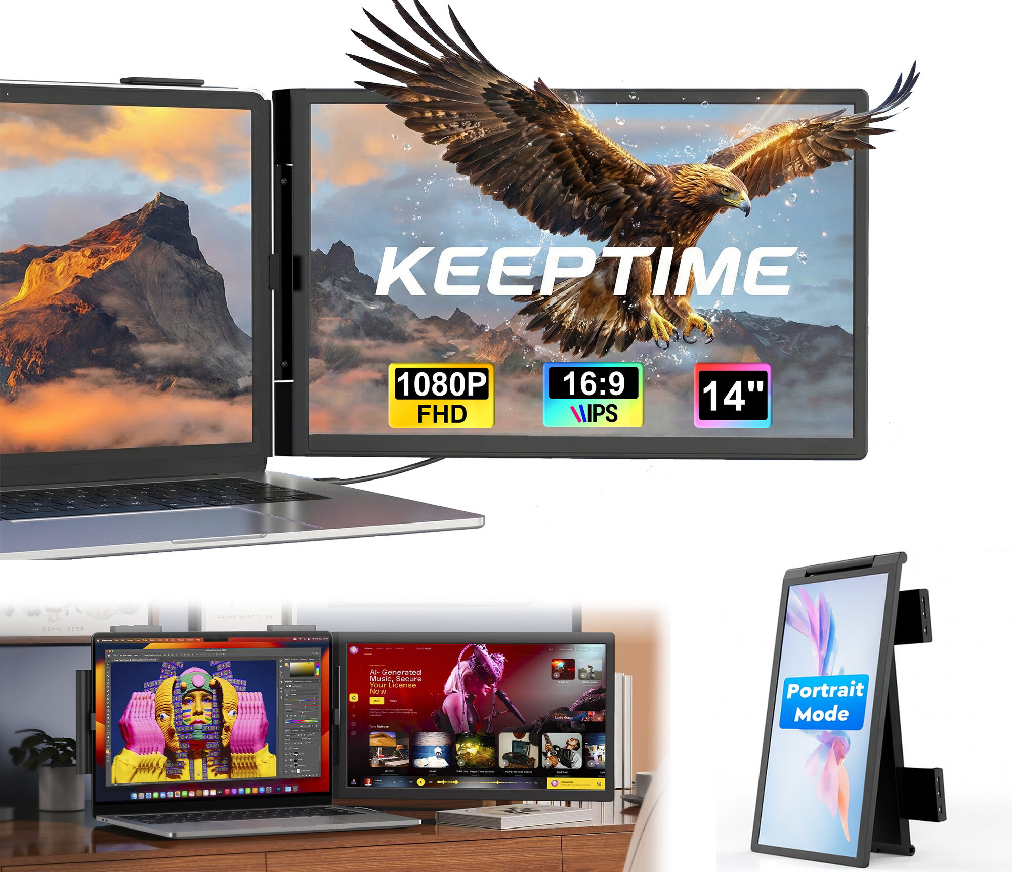 KEEPTIME 14" FHD 1080P IPS Laptop Screen Extender, Portable Monitor for ...