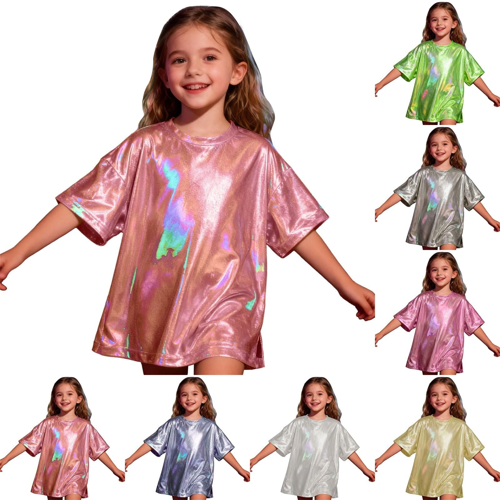 Laqbezok K'i'ds Shiny Metallic Holographic T-Shirt G'i'rls B'o'ys Dance ...