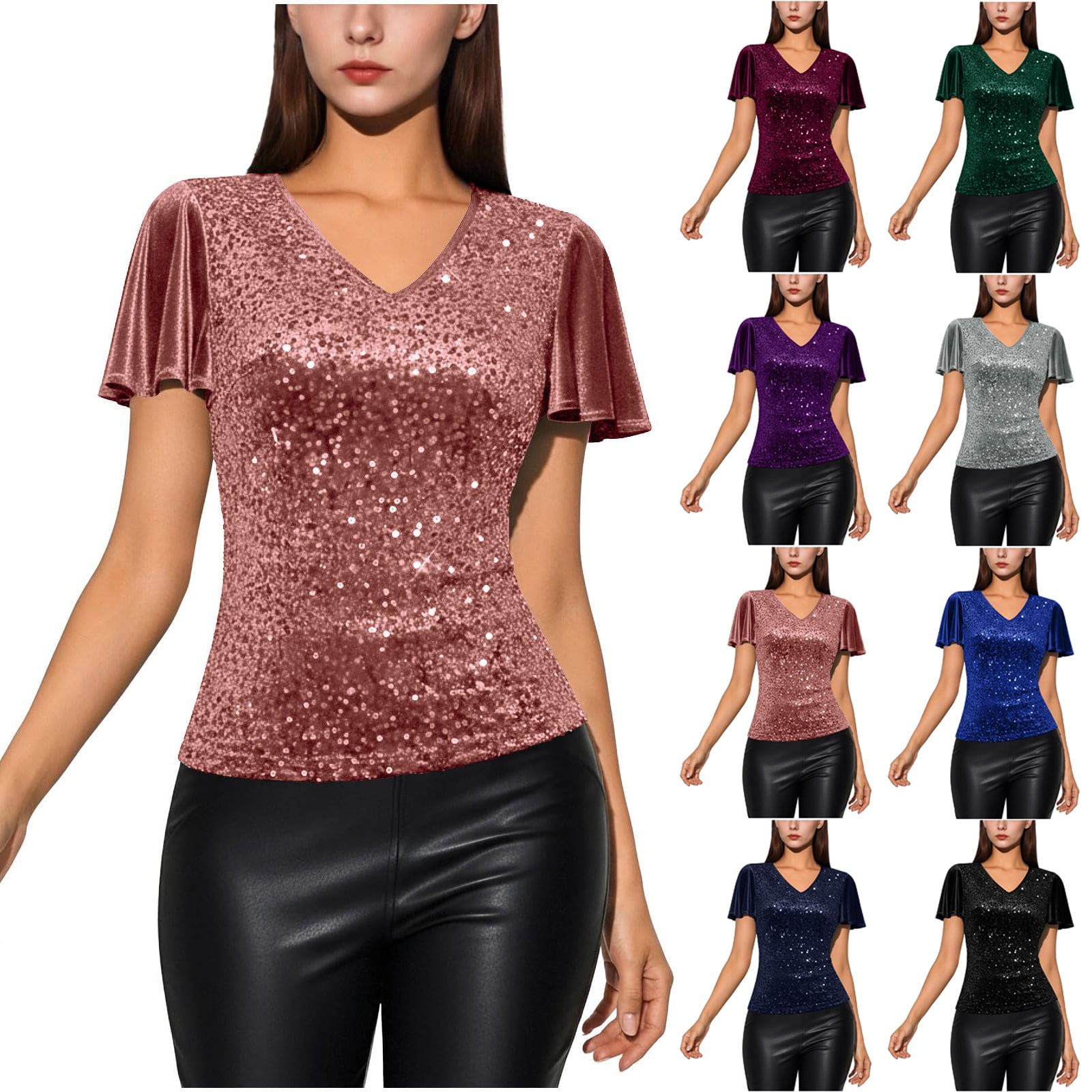 Laqbezok Women V-Neck Sequin Sparkly Velvet Flared Short Sleeve Party ...