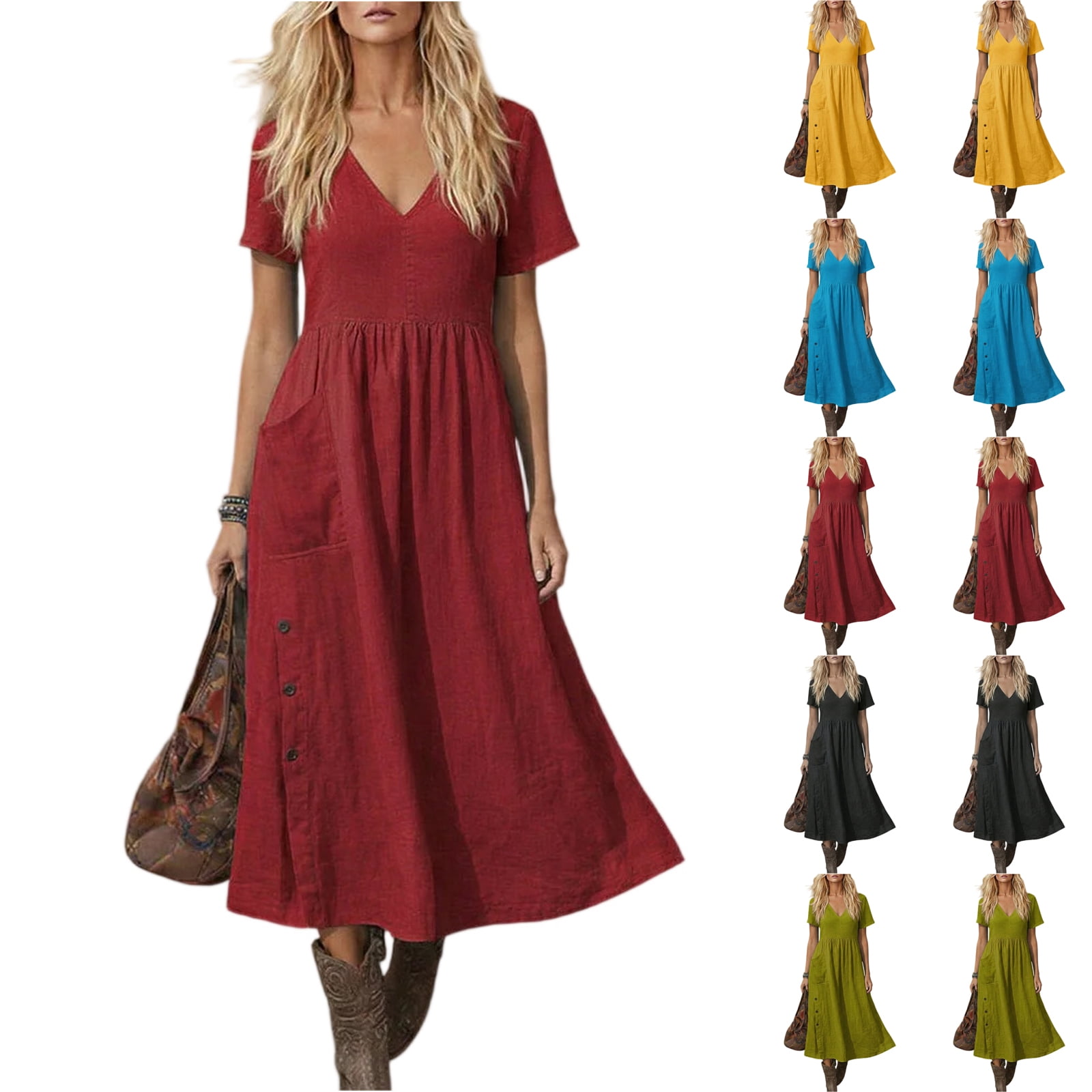 Laqbezok Women's Cotton Linen V-Neck Short Sleeve Midi Dress, Loose Fit ...