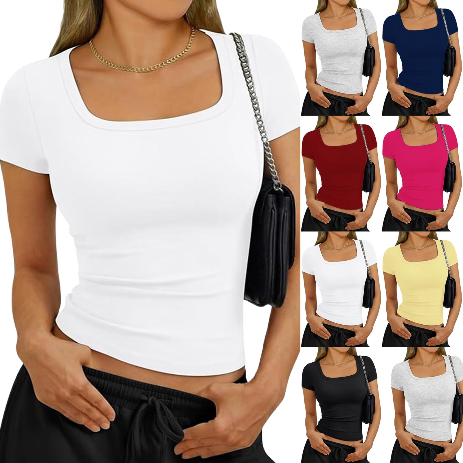 Laqbezok Women's Modern Square Neck Short Sleeve Top, Slim Fit Smooth ...