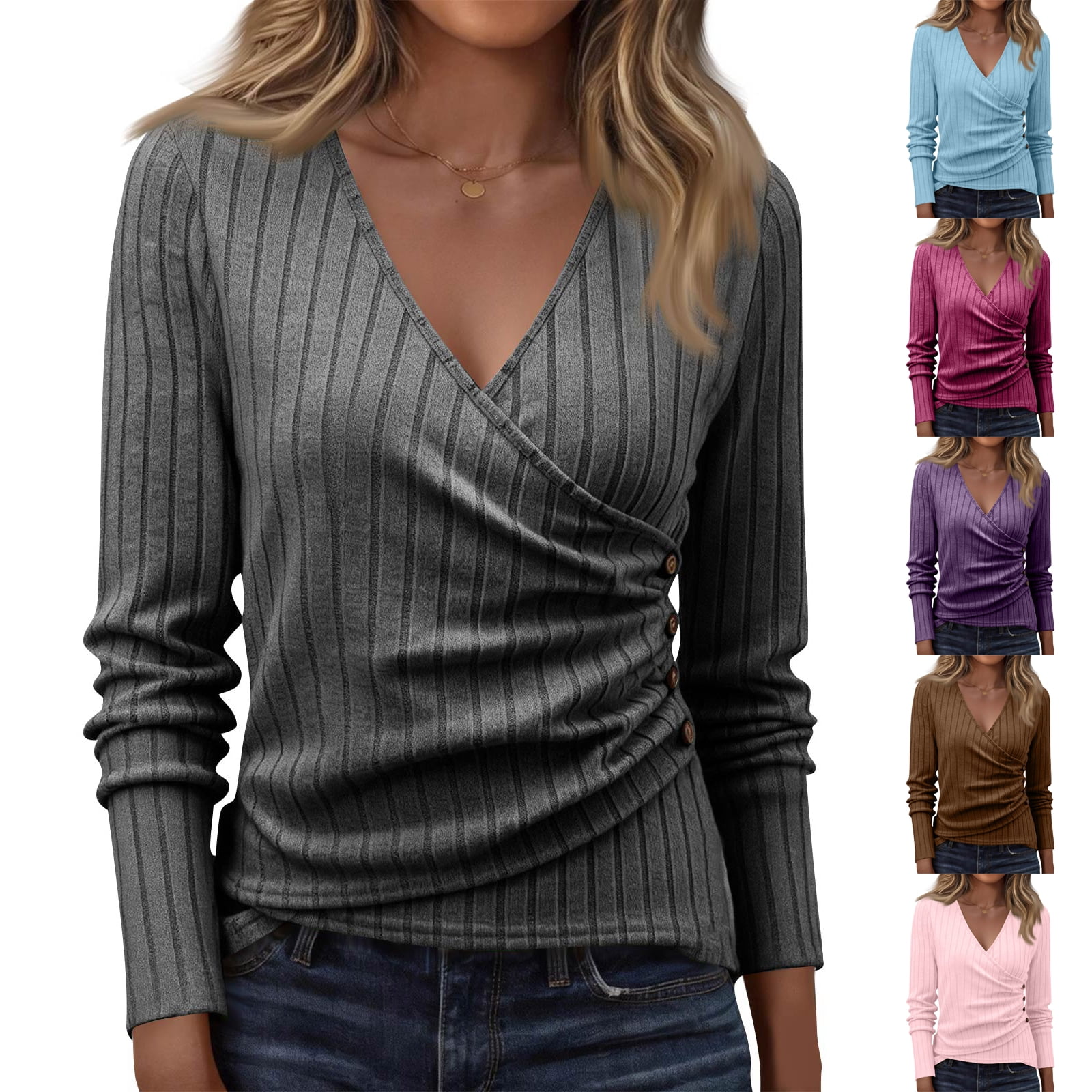 Laqbezok Women's Plus Size V-Neck Ribbed Knit Top, Long Sleeve Side Button Pullover Criss Cross ...