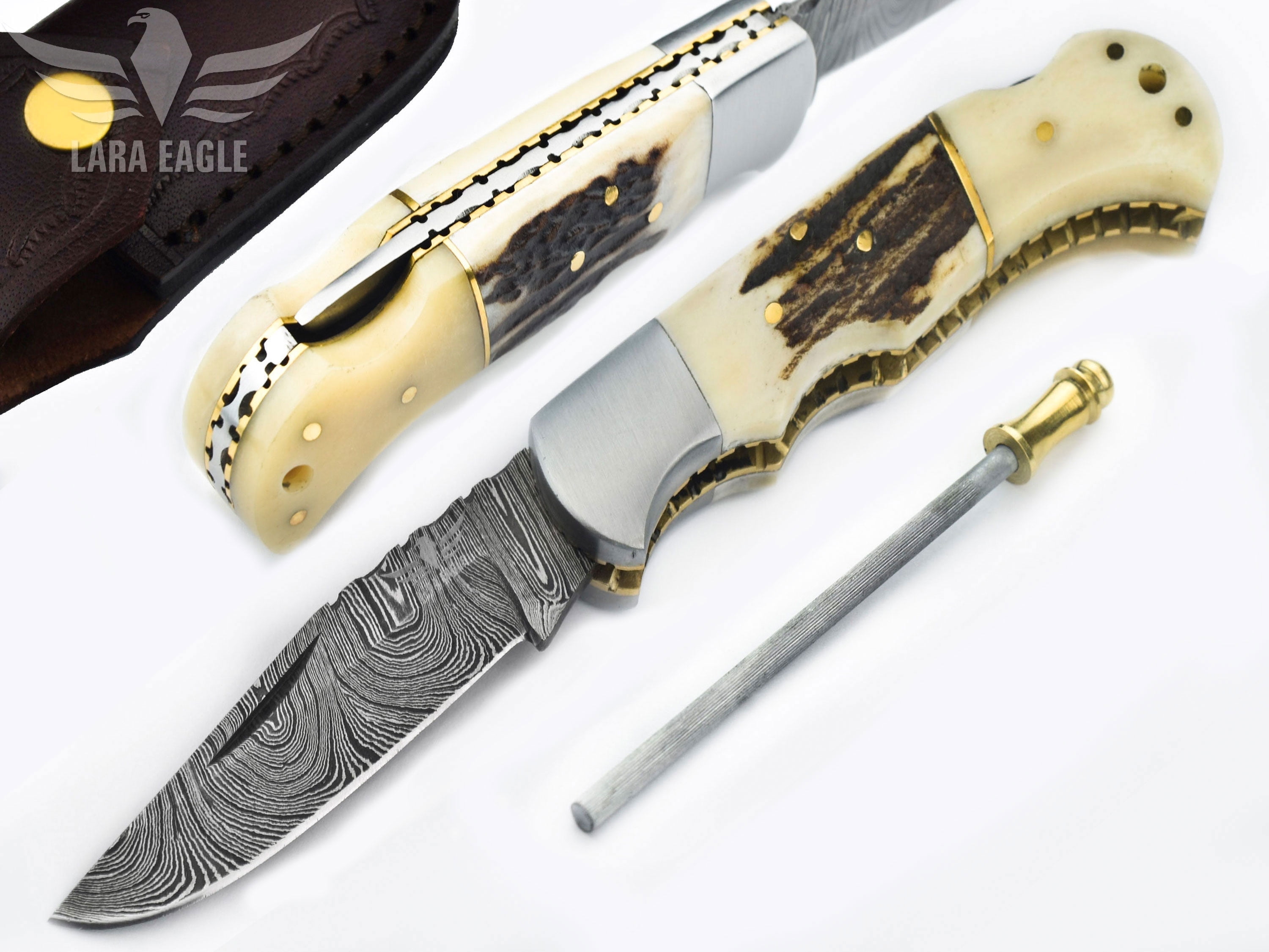 Lara Eagle Damascus Men's Pocket Knife - 133 Layer Steel, Handmade ...