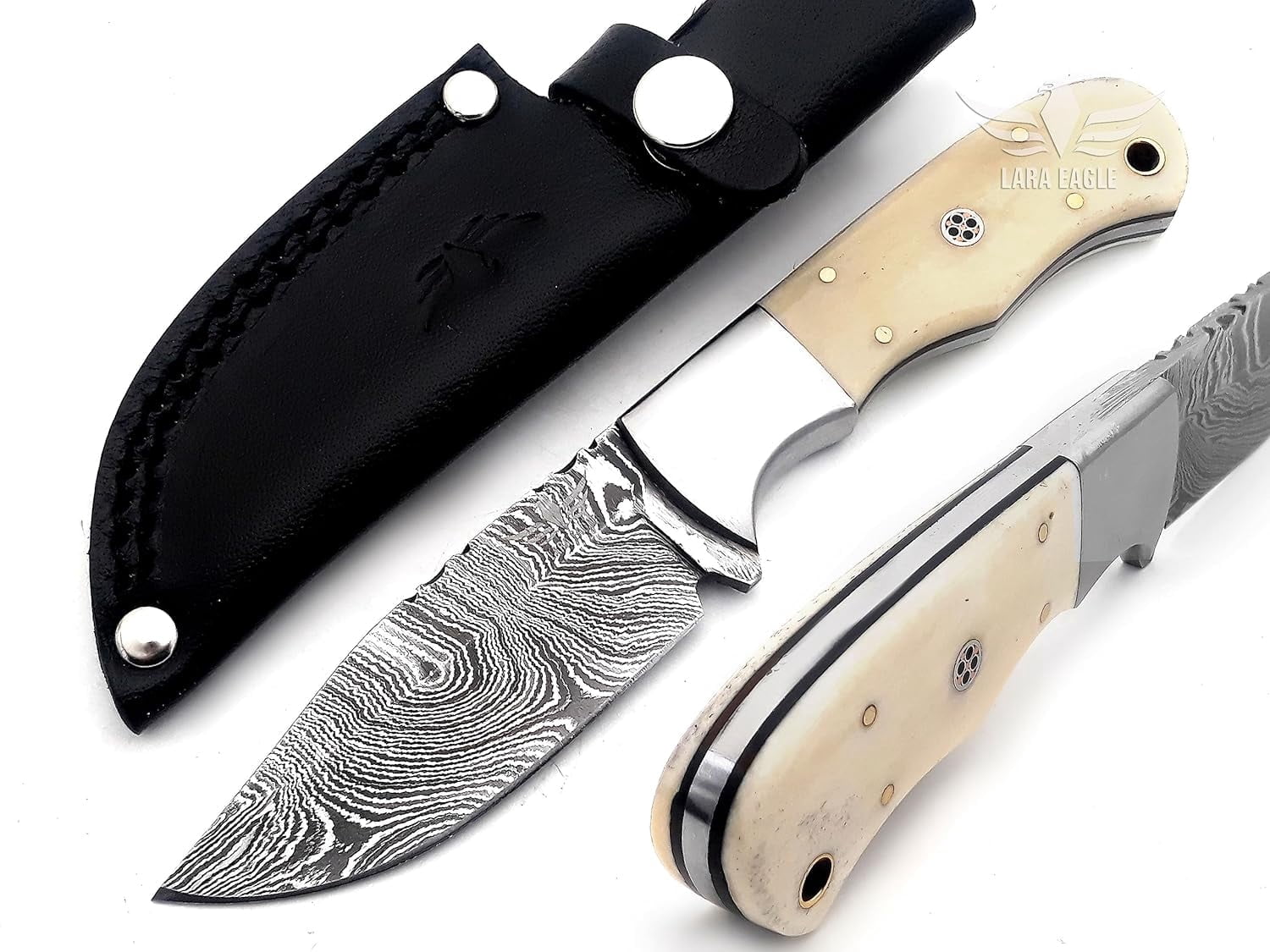 Lara Eagle Damascus Hunting Knife - Fixed Blade Handmade Skinner with ...