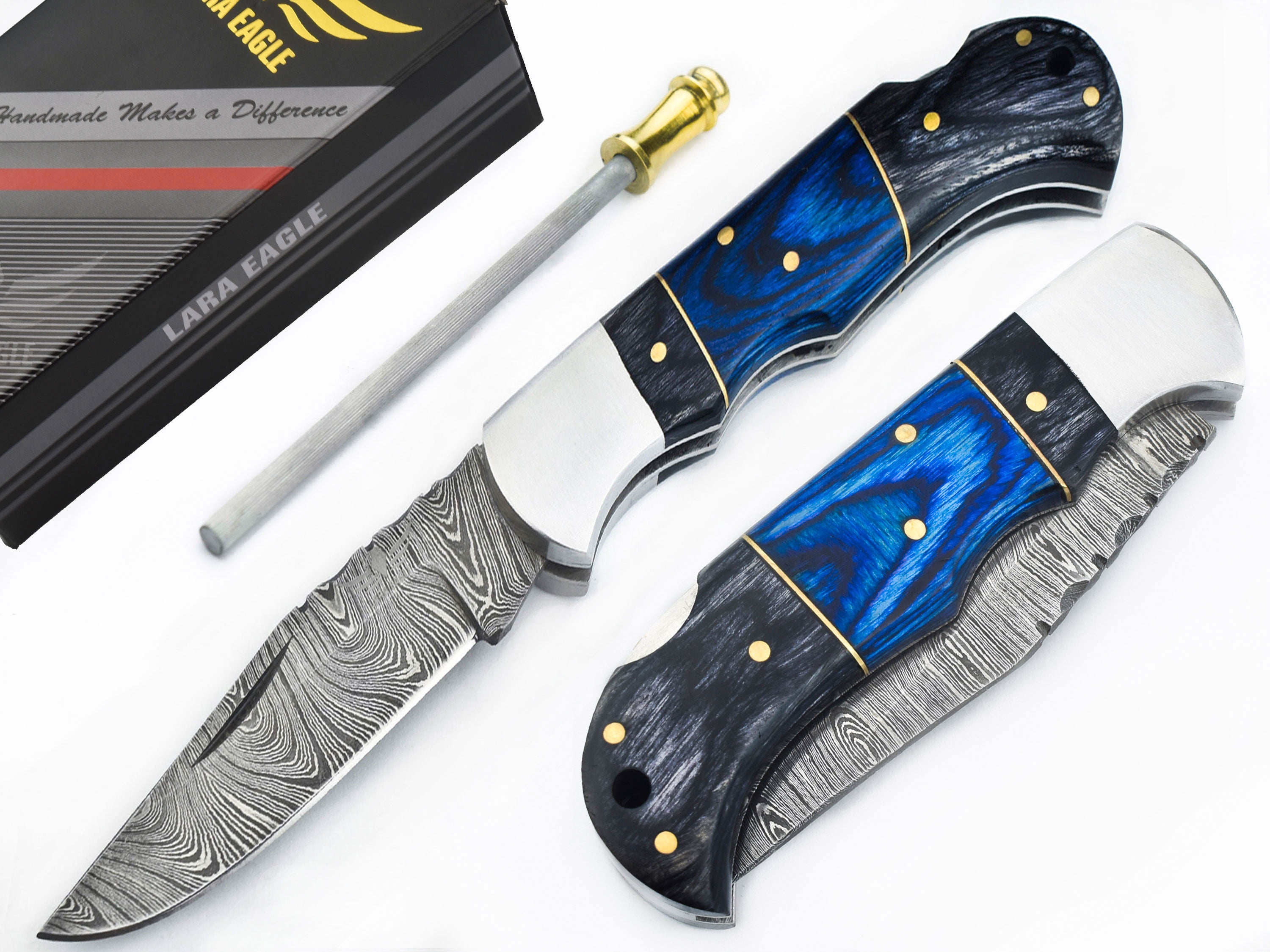 Lara Eagle 3in Damascus Pocket Knife w/ Gray Wood Handle & Leather ...