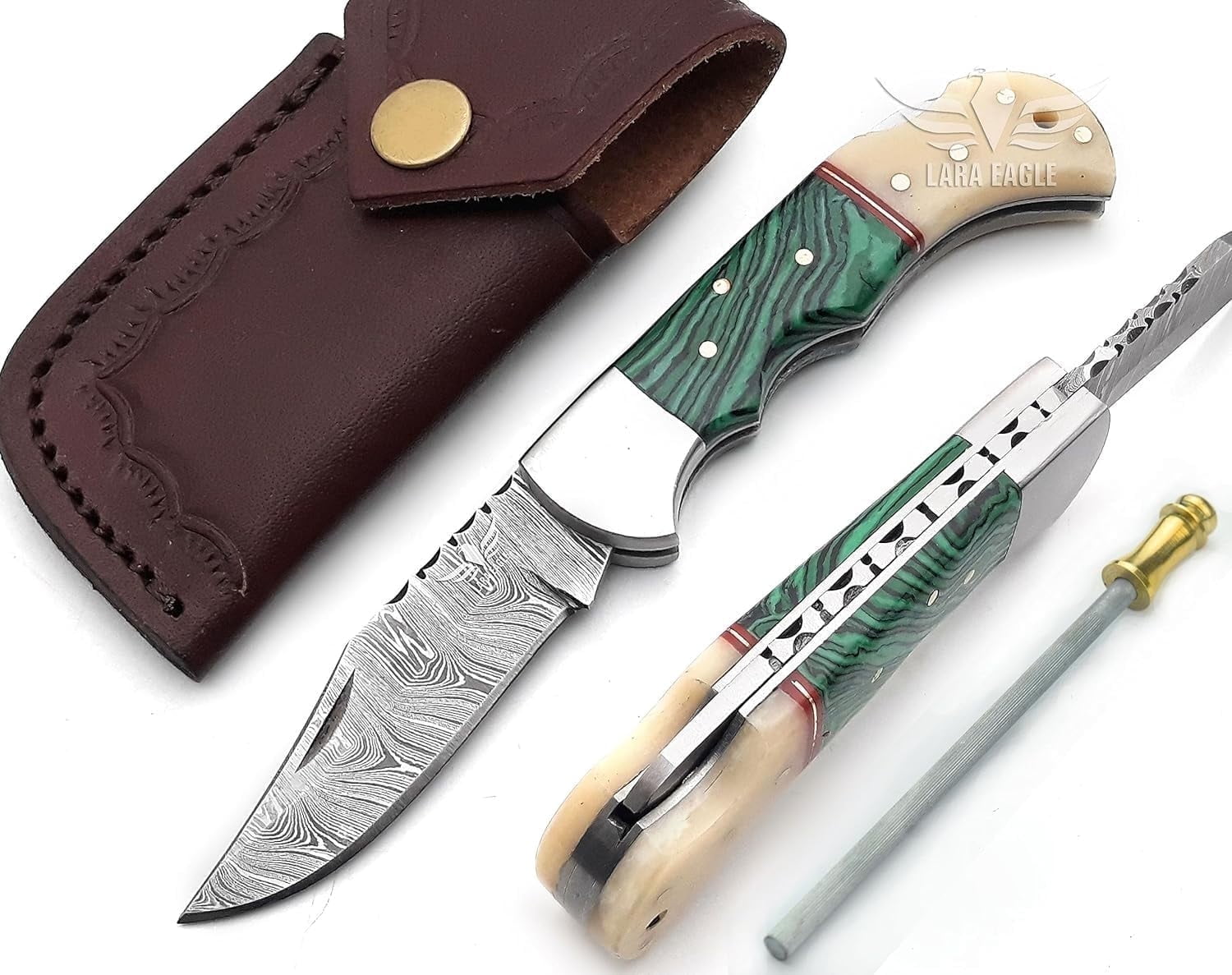 Lara Eagle Damascus Pocket Knife for Men - Multi Layer Solid Steel ...