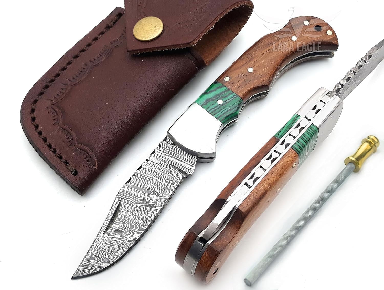 Lara Eagle Damascus Pocket Knife for Men - Multi Layer Solid Steel ...