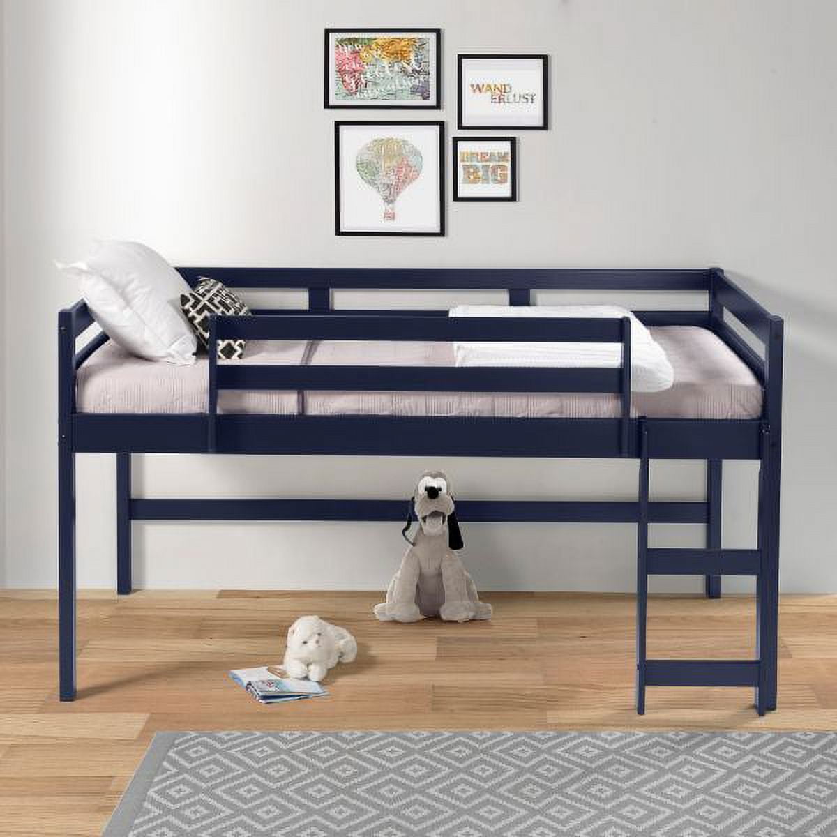 Lara Twin Loft Bed, Navy Blue - Stylish Wood Frame, Versatile Space ...