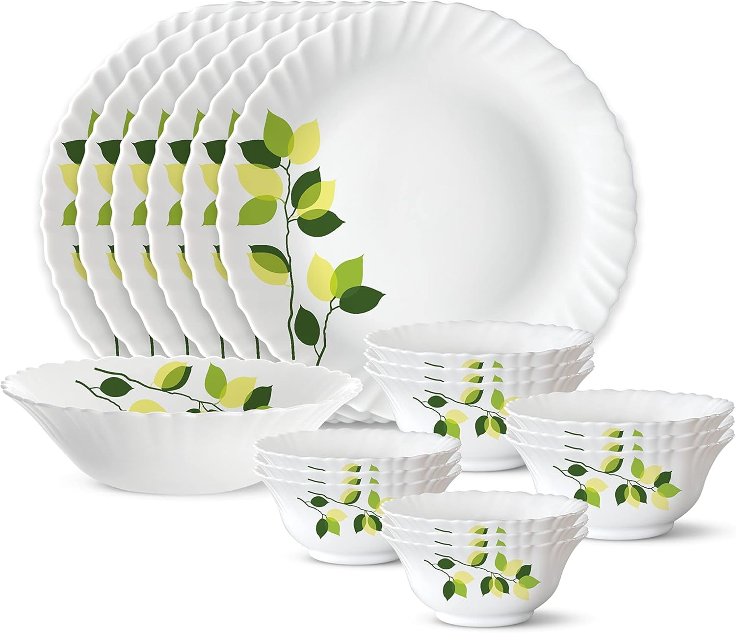 Larah by Borosil Green Leaves Silk Series Opalware Dinner Set | 19 ...