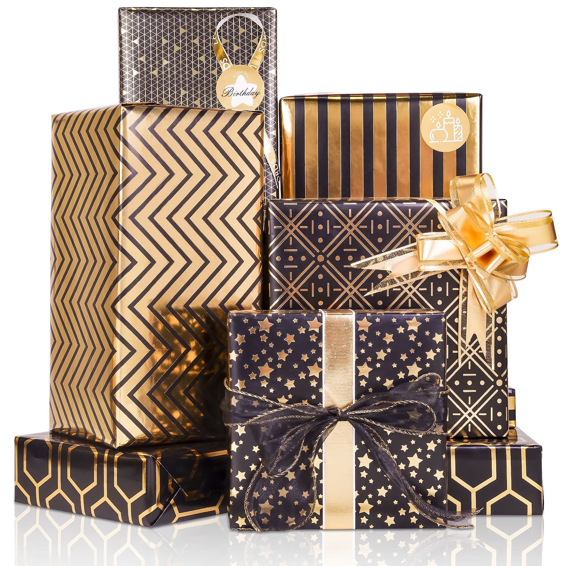 Larcenciel Gift Wrapping Paper AIF9 Set, 6 Sheets Black Gold Foil ...
