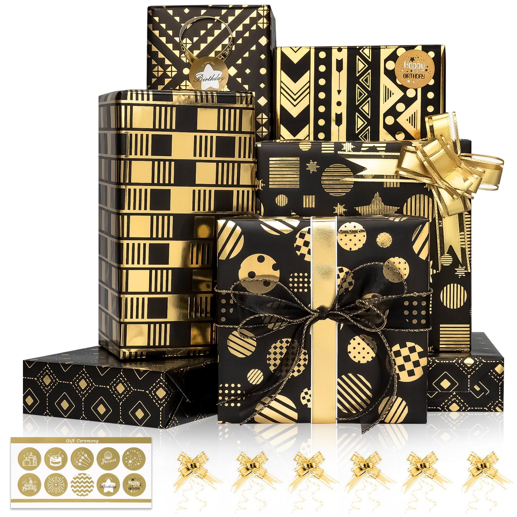 Larcenciel Gift Wrapping Paper Set w/Gift AIS1 Bow & Sticker, Black ...