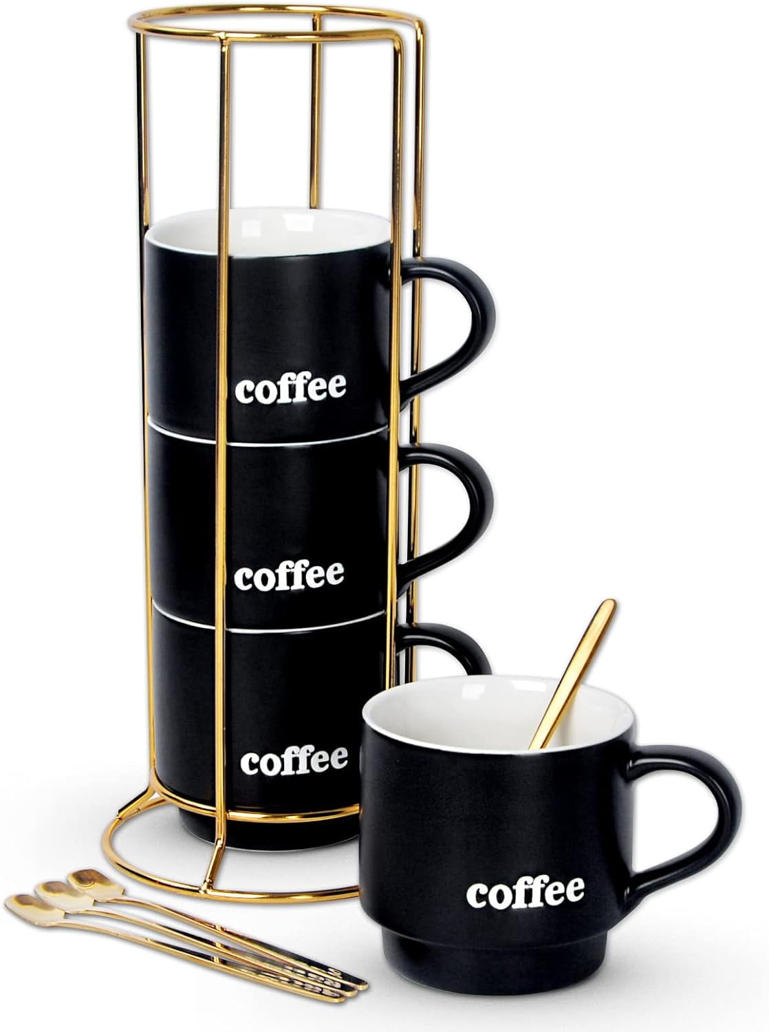Lareina Ceramic Stackable Coffee Mugs with Stand & Spoons, Set of 4 ...