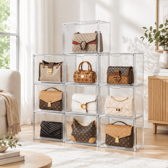 Large 10 Pack Stackable Handbag Display Case, Clear Storage Box for ...