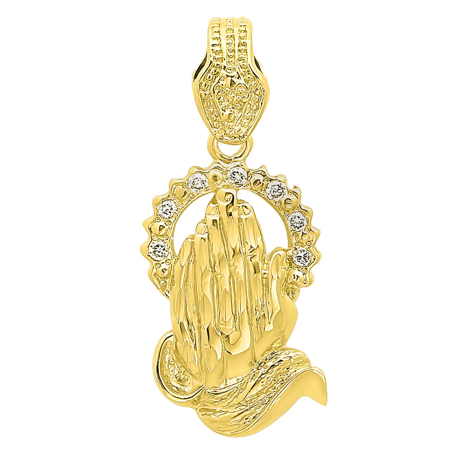 Large 14k Gold Heavy Plated Praying Hands w/CZ Halo Pendant + 30" 2.4mm ...