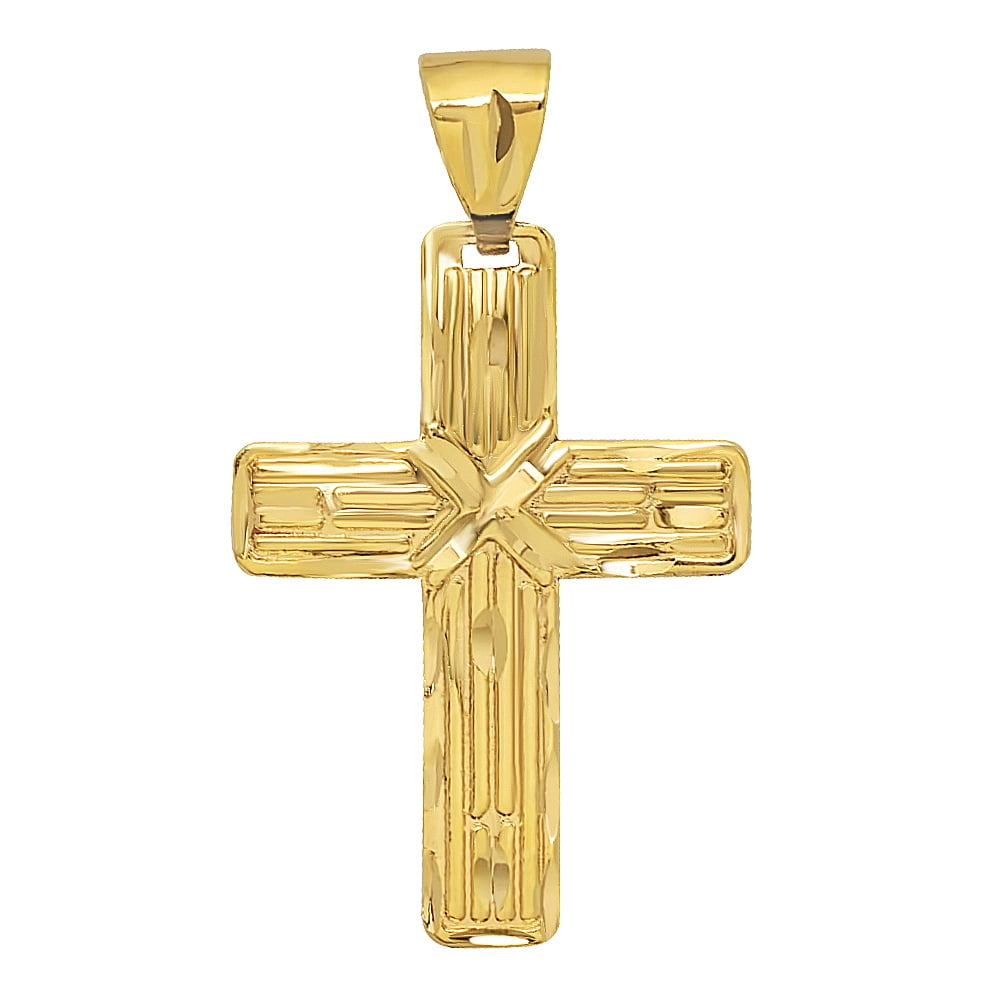 Large 14k Gold Heavy Plated Striated Textured Cross Pendant + 24 inch ...