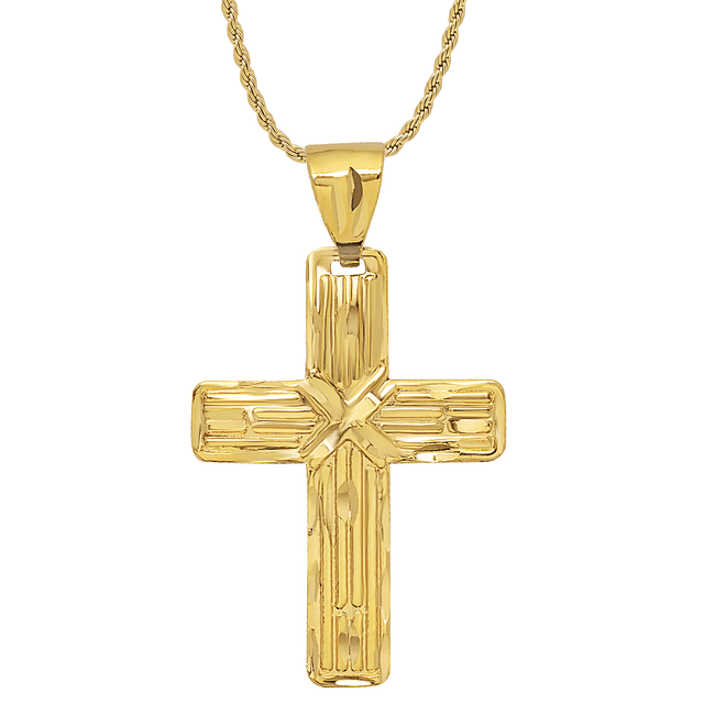 Large 14k Gold Heavy Plated Striated Textured Cross Pendant + 30 inch 2 ...