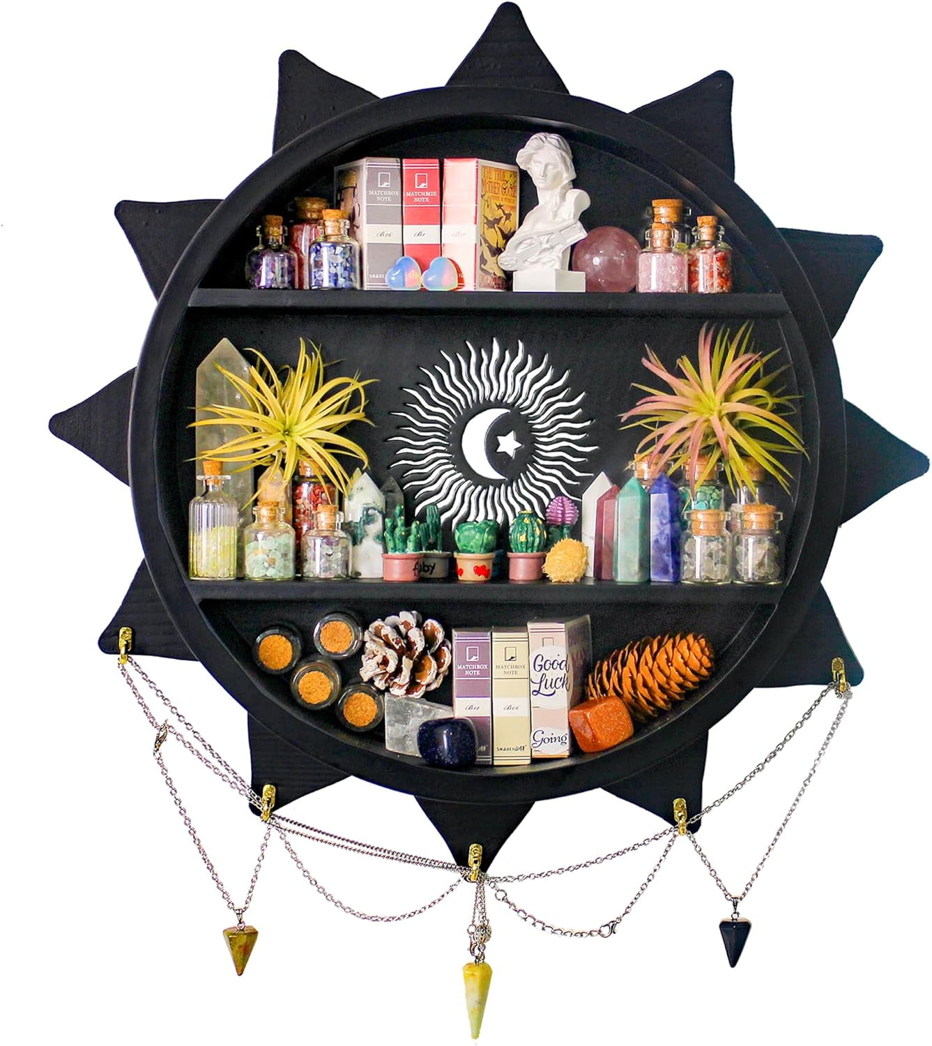 Large 15.1” Crystal Shelf Display for Wall with Hooks, Wooden Moon ...