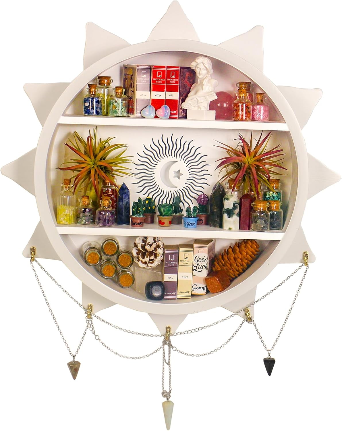 Large 15.1” Crystal Shelf Display for Wall with Hooks, Wooden Moon ...