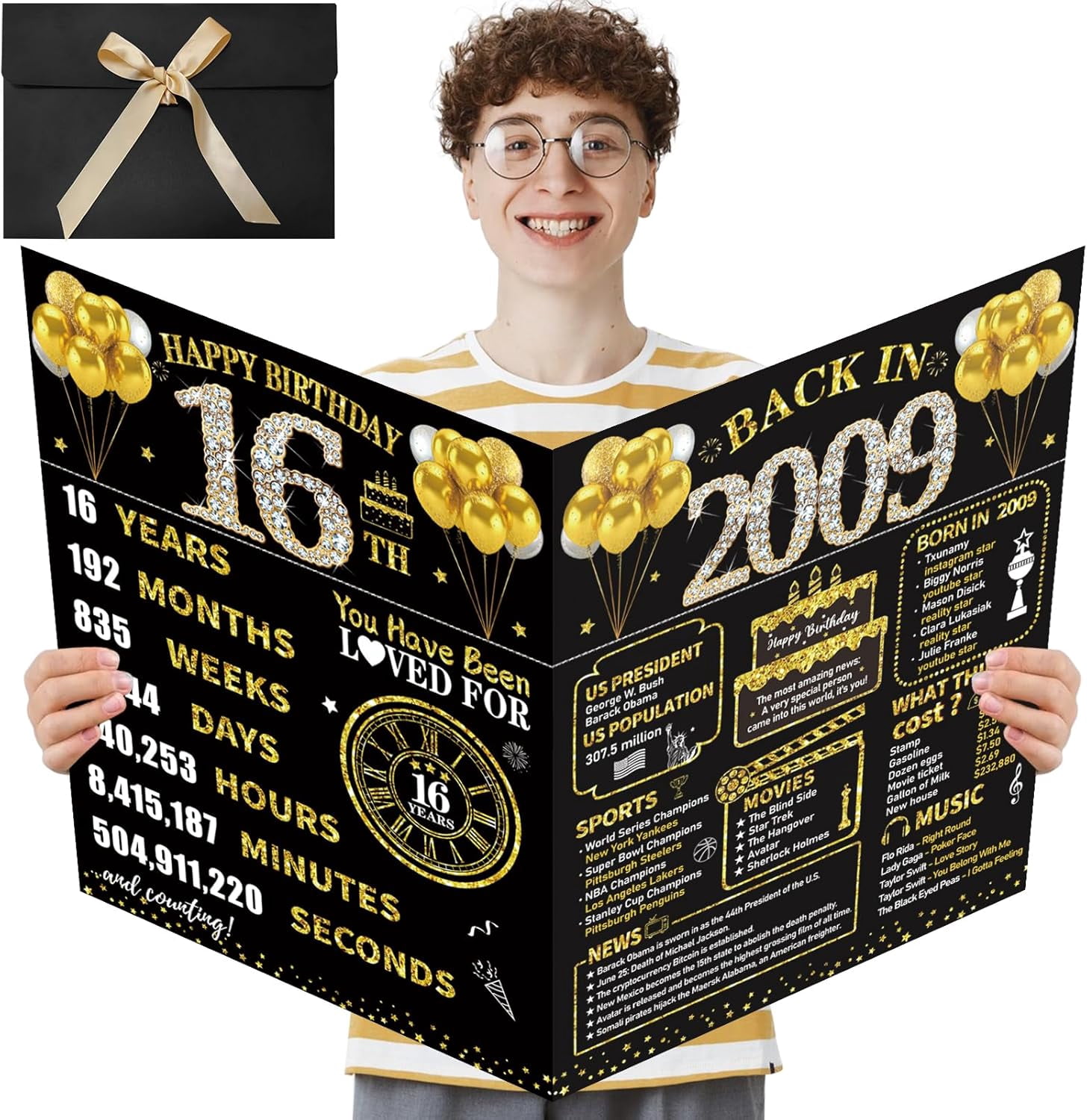 Large 16th Birthday Card With Envelope, Black Gold Happy 16th Birthday ...