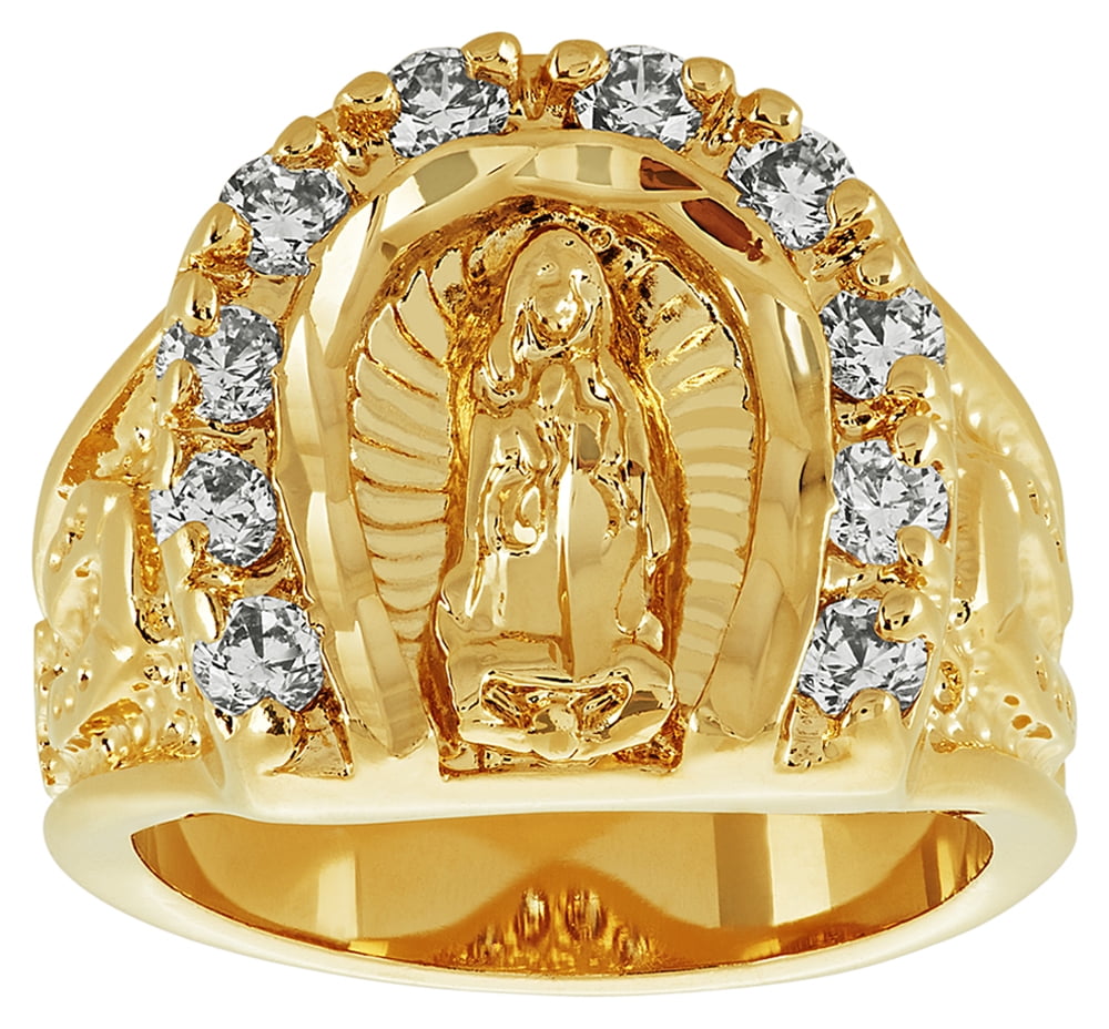 Large 18mm 14k Gold Plated Guadalupe Virgin Mary CZ Horseshoe Ring ...