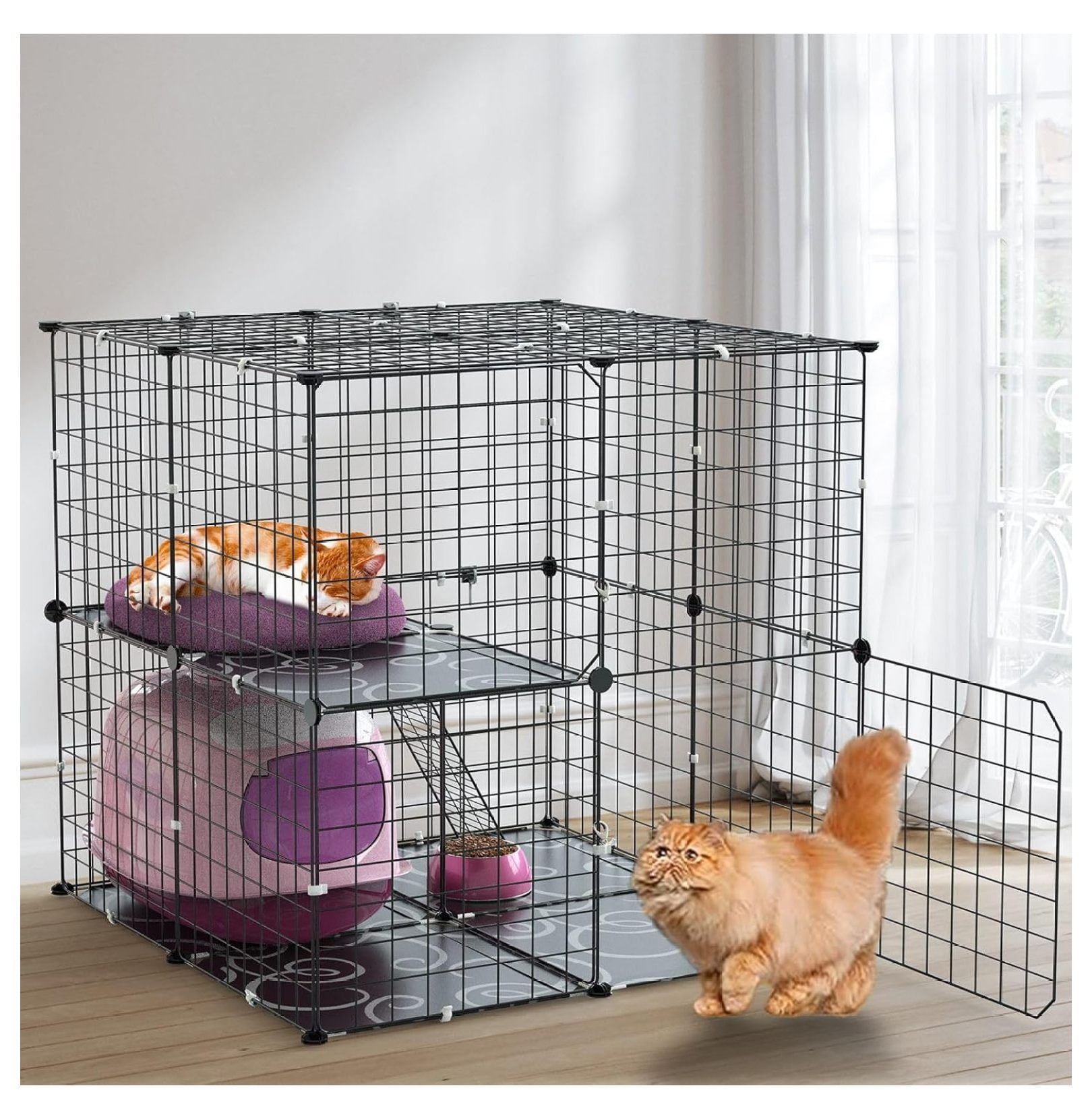 Large 2 Tier Cat Cage, Indoor Cat Enclosures Pliable DIY Cat Playpen, Detachable Metal Wire ...