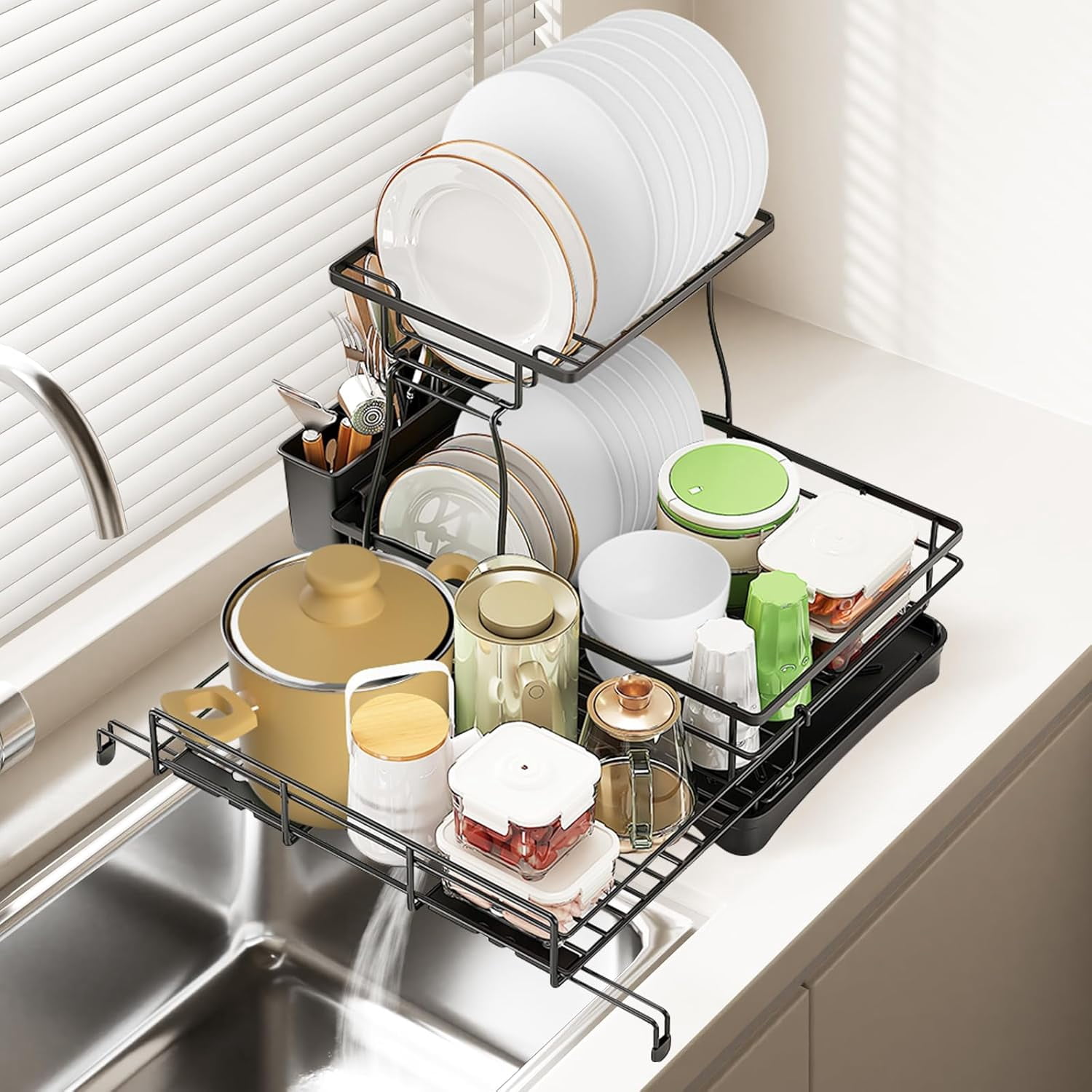 Large 2 Tier Extendable Stainless Steel Dish Drying Rack with Utensil ...
