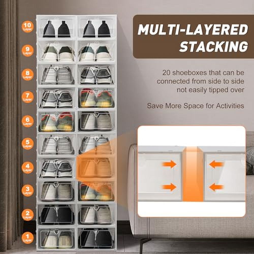 Large 20 Pack Shoe Storage Box, Clear Plastic Stackable Shoe Organizer ...