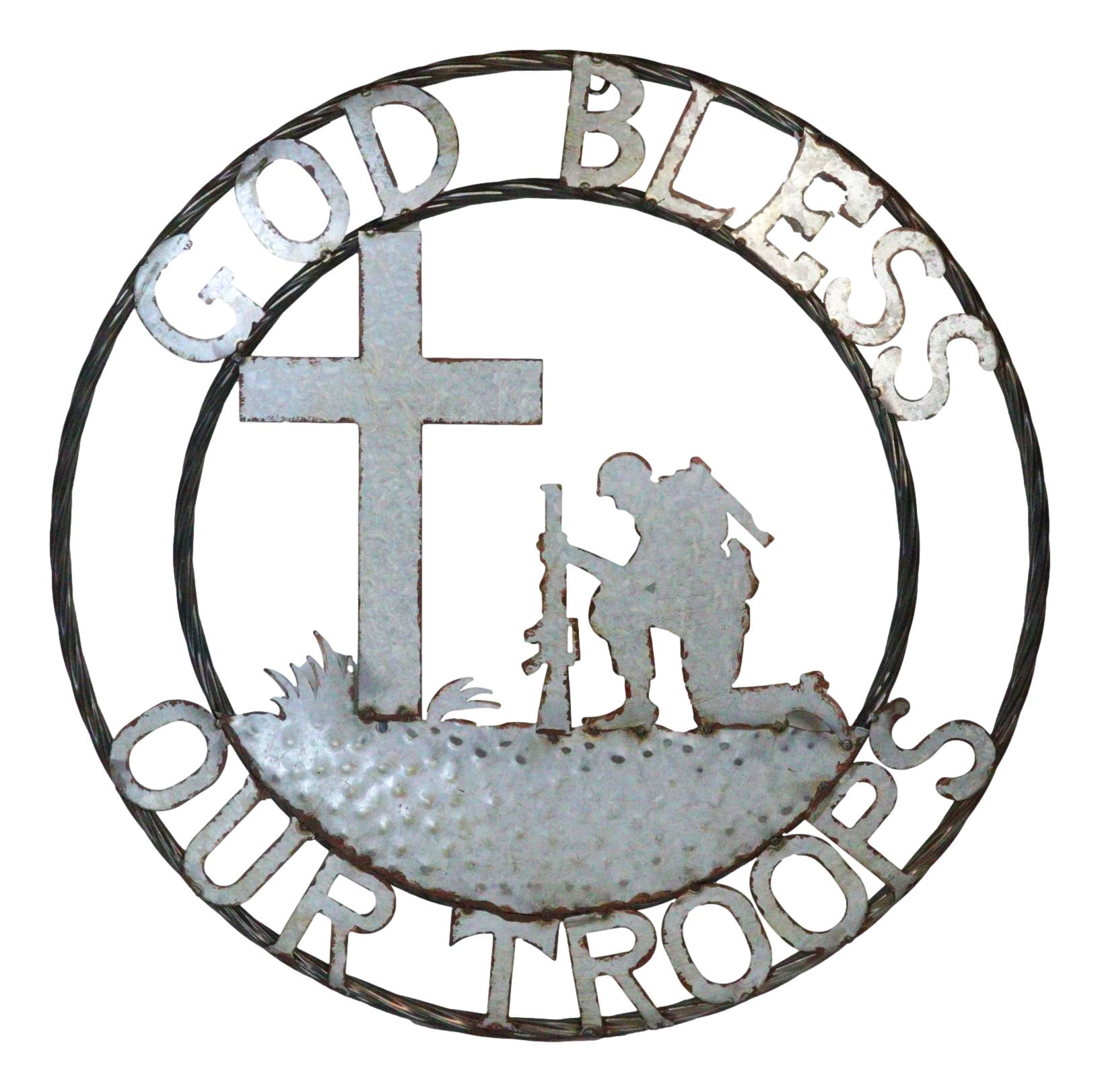 Large 24"D Rustic Western God Bless Our Troops Sign Metal Circle Wall ...