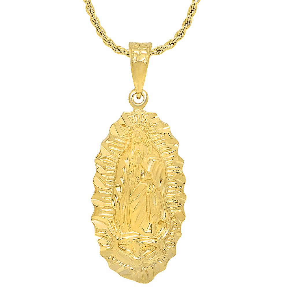 Large 14k Gold Heavy Plated Virgin Mary Of Guadalupe Pendant + 24" 2 ...