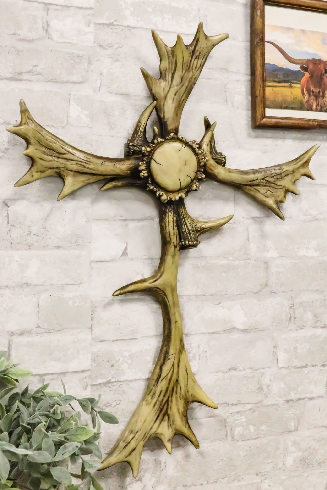 Large 26"H Rustic Western Stag Elk Deer Bone Antlers with Burr Center ...