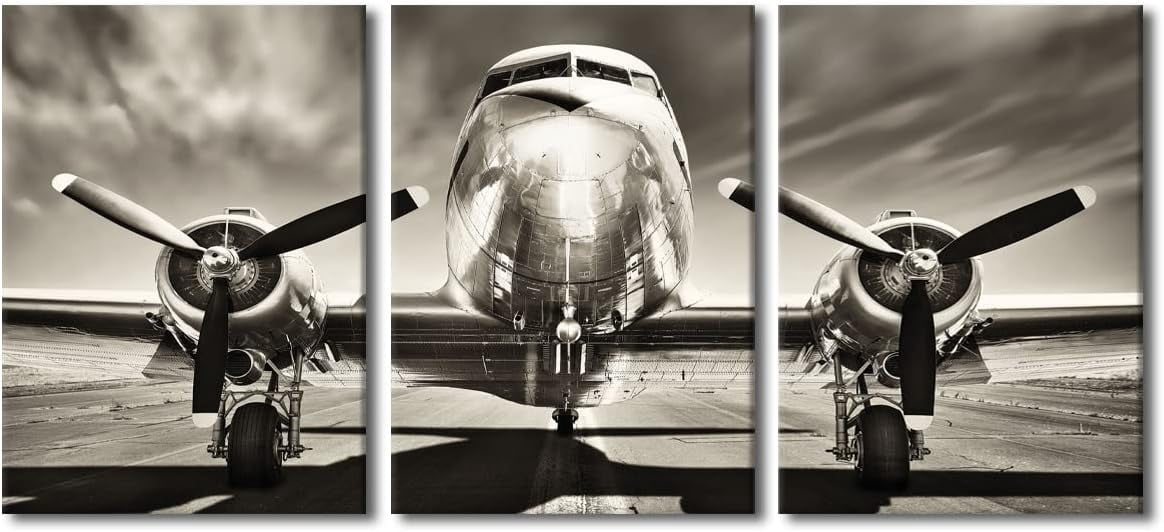 Large 3 Piece Canvas Wall Art Airplane Pictures Black and White ...