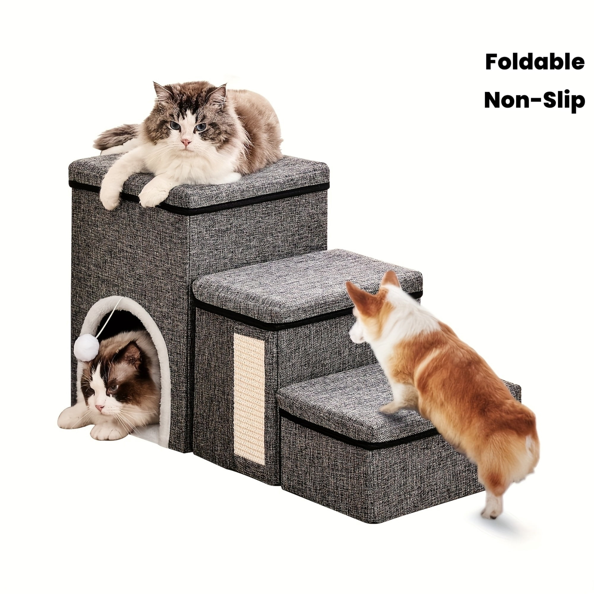 Large 3-Tier Foldable Pet Stairs with Storage & Cushioned Steps | Non ...