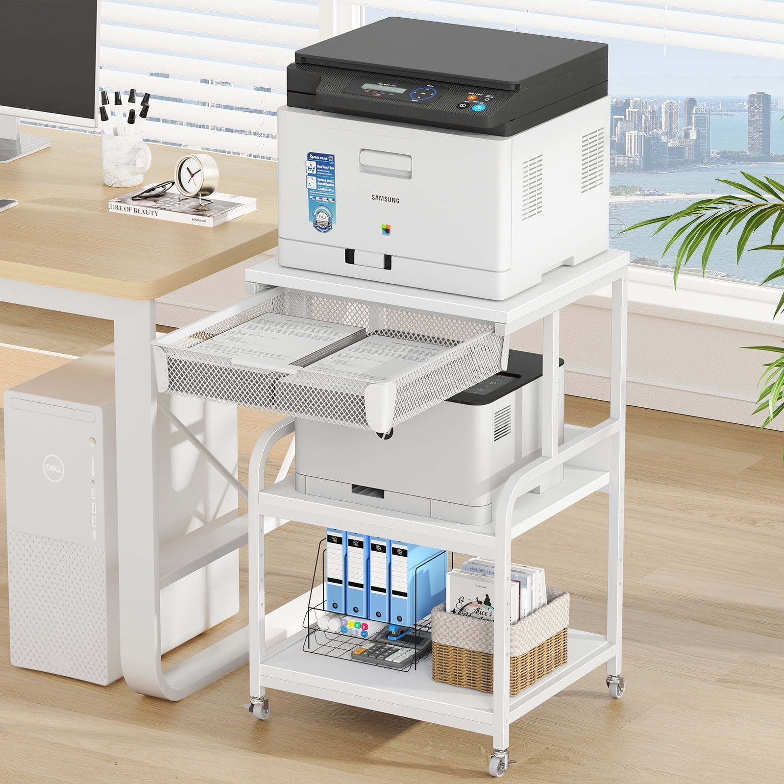 POAO Large 3-Tier Rolling Printer Stand with Storage Drawer,5 ...