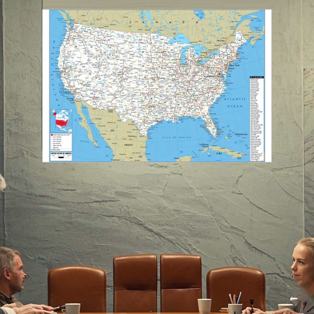 Large 32x50 Inch US Road Map Wall Art - Durable White Canvas Poster for ...