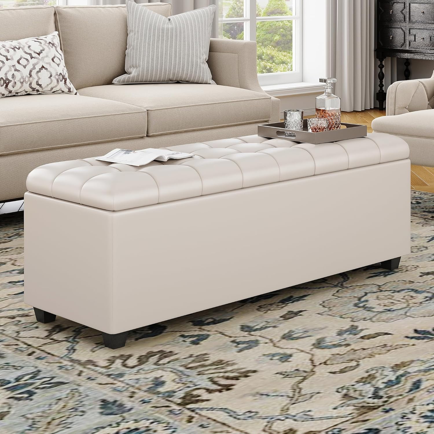 Large 38 Inches Long White Ottoman Bench with Storage,Footstool ...