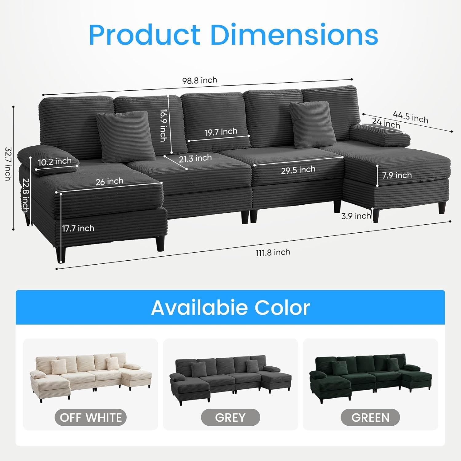 Large 4 Seater U Shaped Sectional Couch with Double Chaises, Light ...